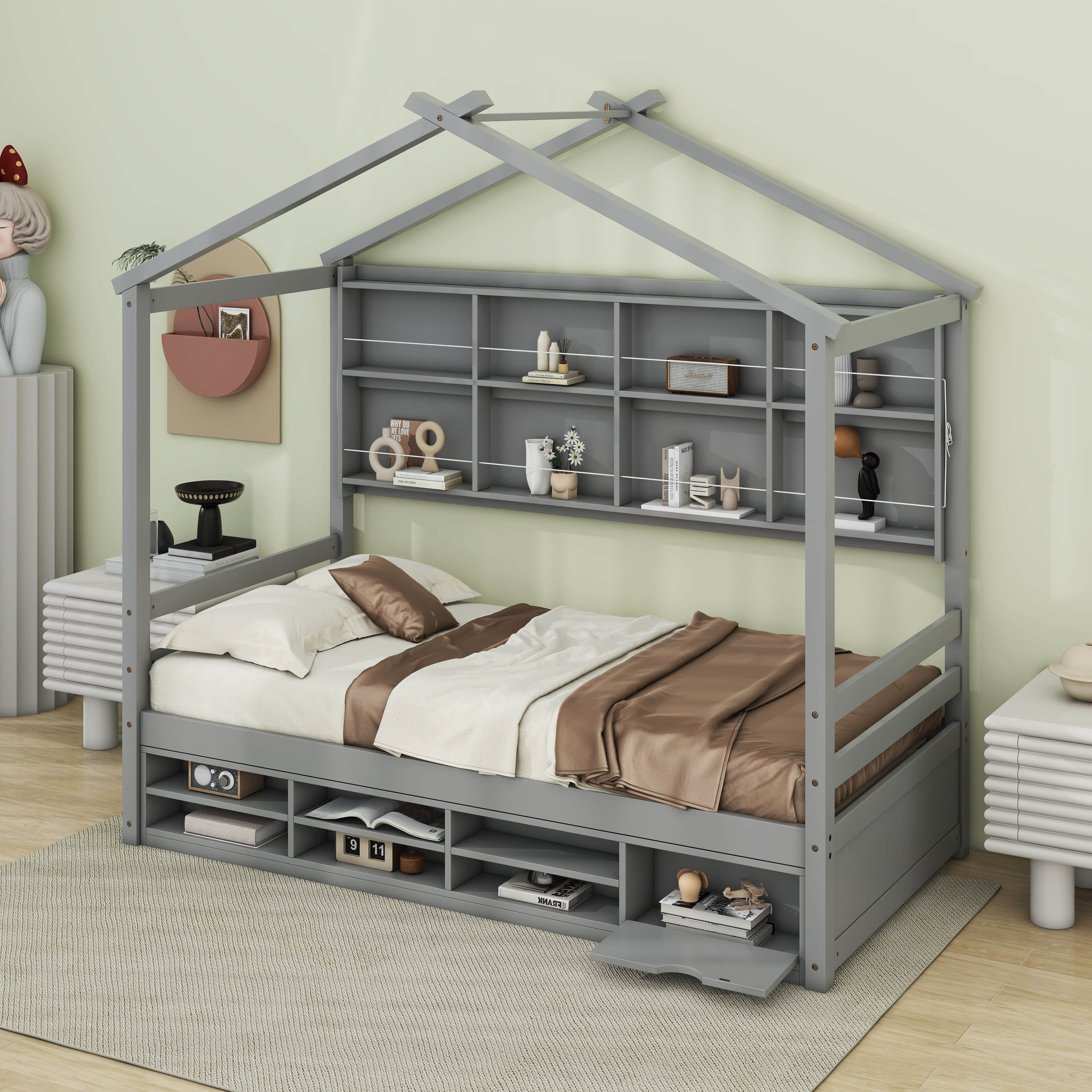 Harper Orchard Anzaldua House Bed With Roof Frame, Bedside-Shelves ...