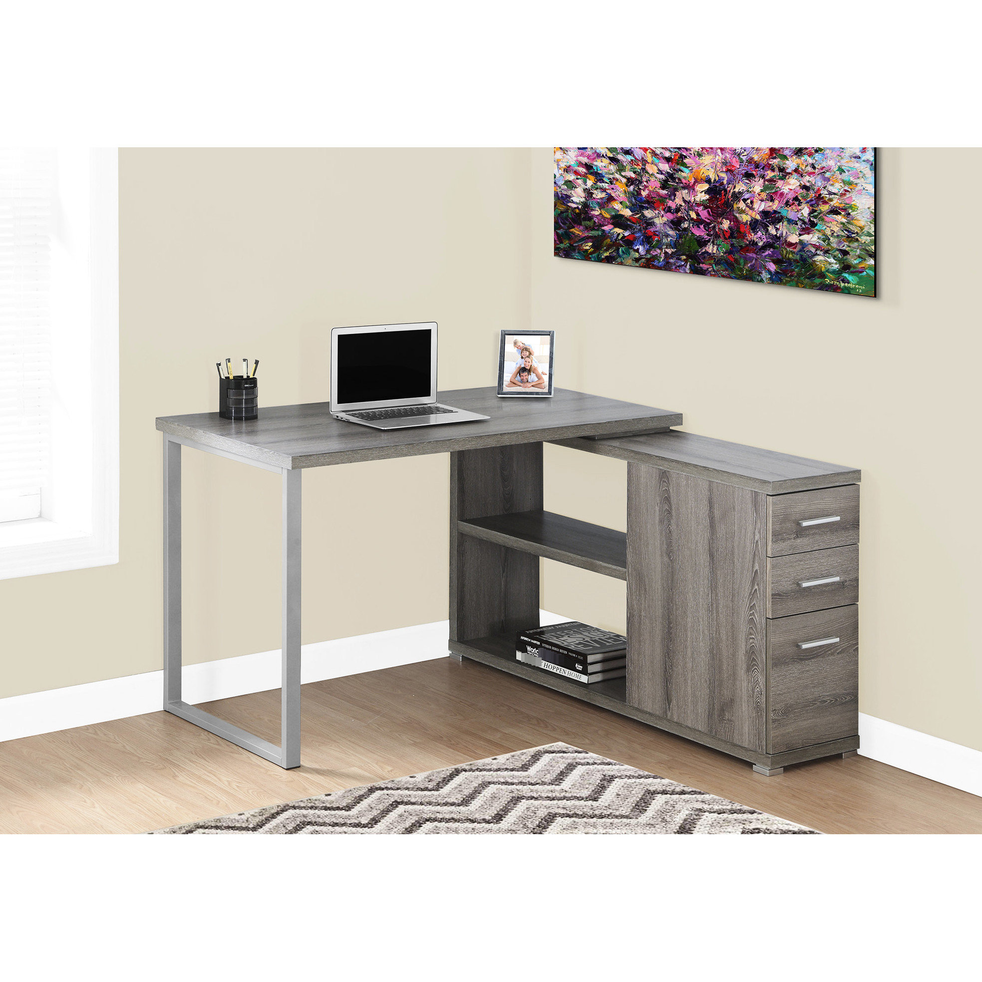 Latitude Run® Home Office L Shape Work Desk, Storage Capacities ...