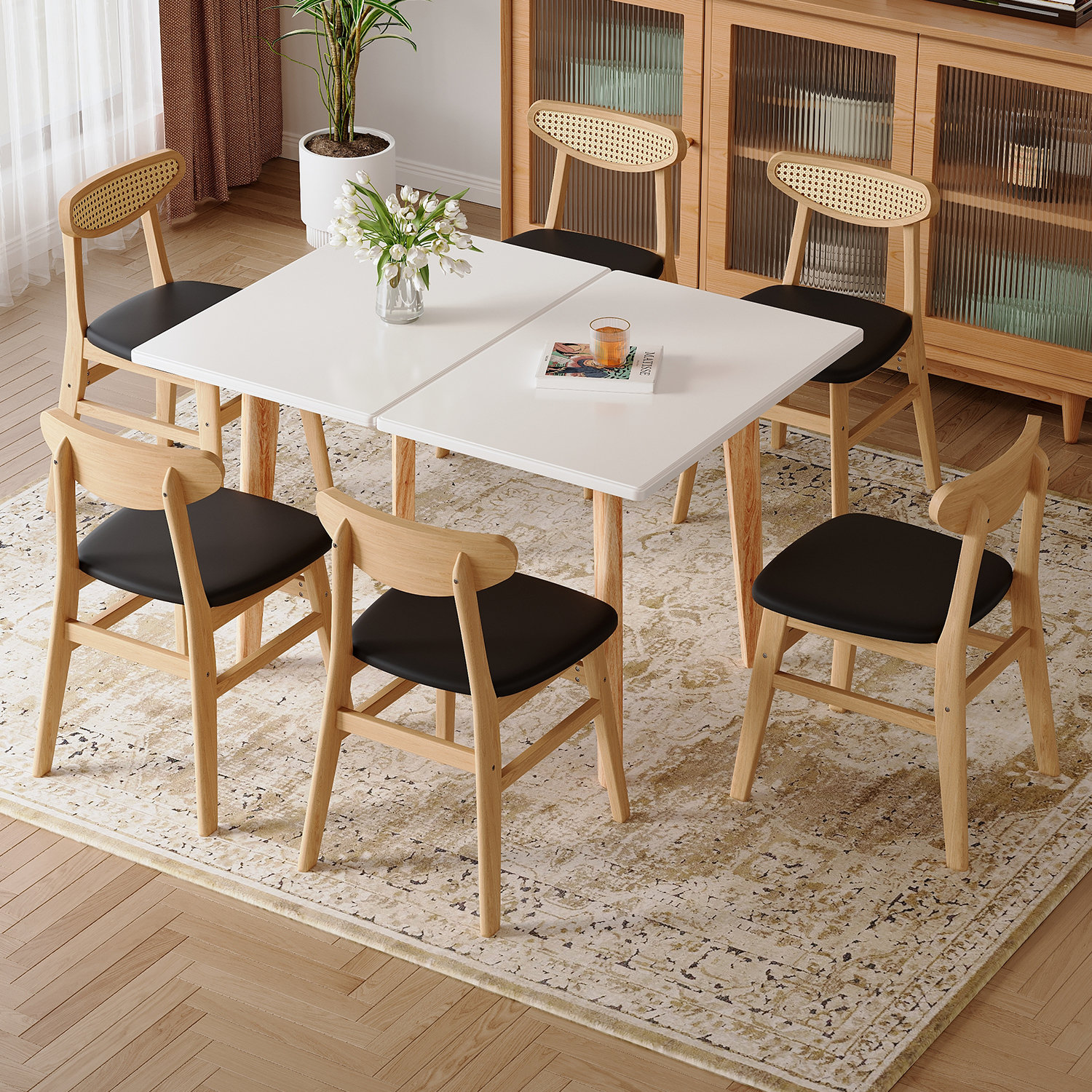 Bay Isle Home™ 7-Piece Wood Folding Dining Table With Rattan Back Chair ...