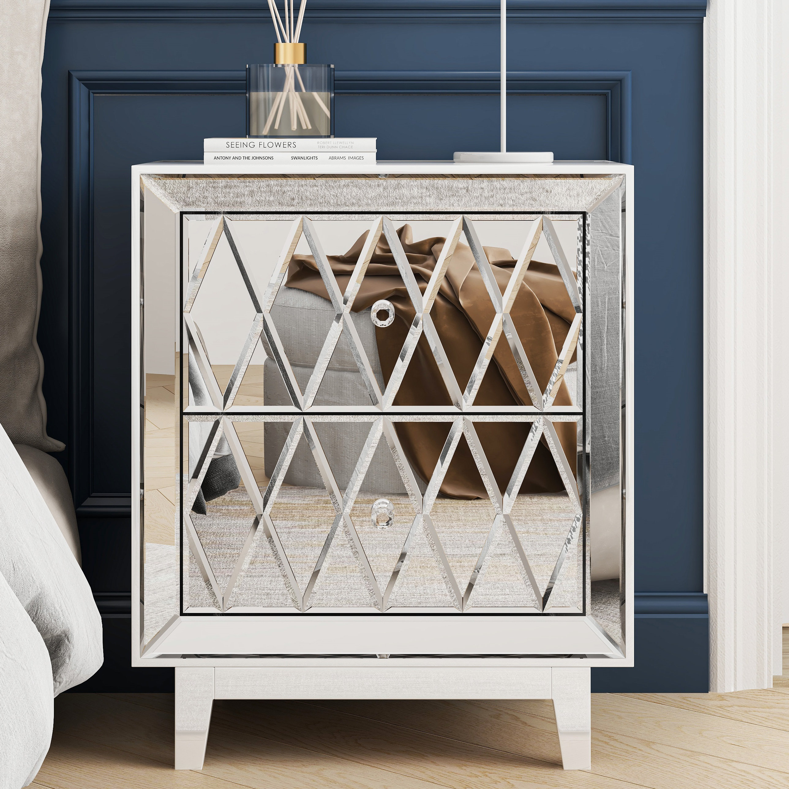 Everly Quinn Yolanta Fairgrove Plaid Glass Mirrored Nightstand Silver ...