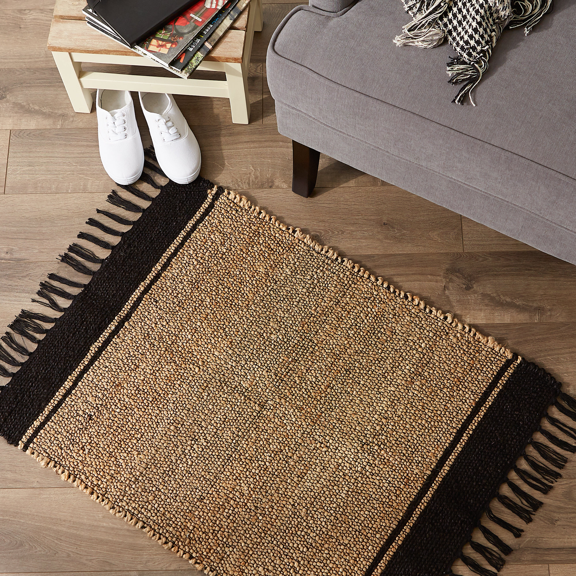 Breakwater Bay Yisroel Striped Hand-Loomed Cotton Black Area Rug | Wayfair