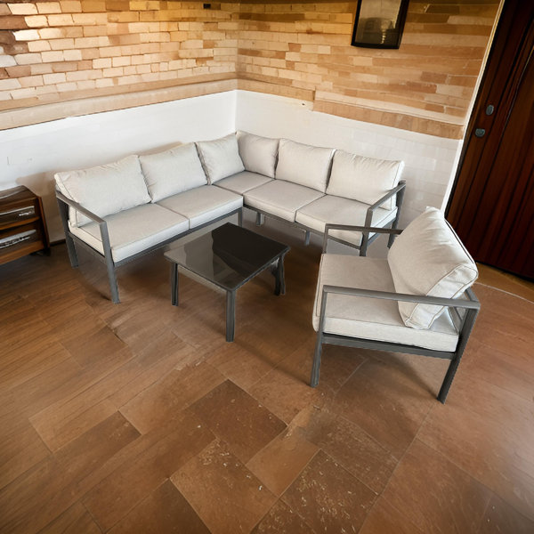 Benjara Risha 4Pc Outdoor Sectional Sofa Set, 1 Table, 1 Chair, White ...