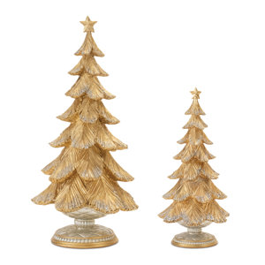 The Holiday Aisle® Glittered Gold Pine Tree on Pedestal (Set of 2 ...