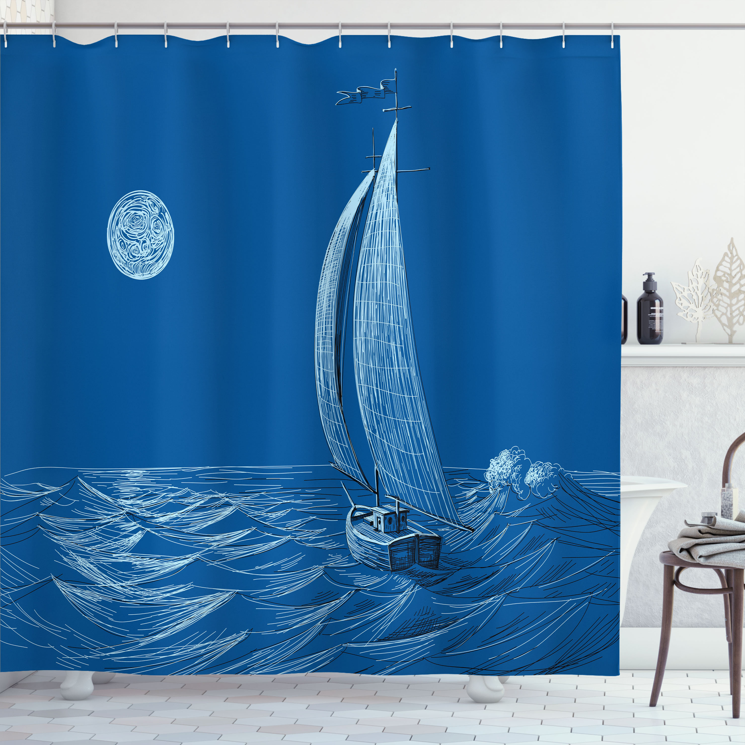 Ambesonne Vintage Boat Shower Curtain Ship on Ocean Moon | Wayfair