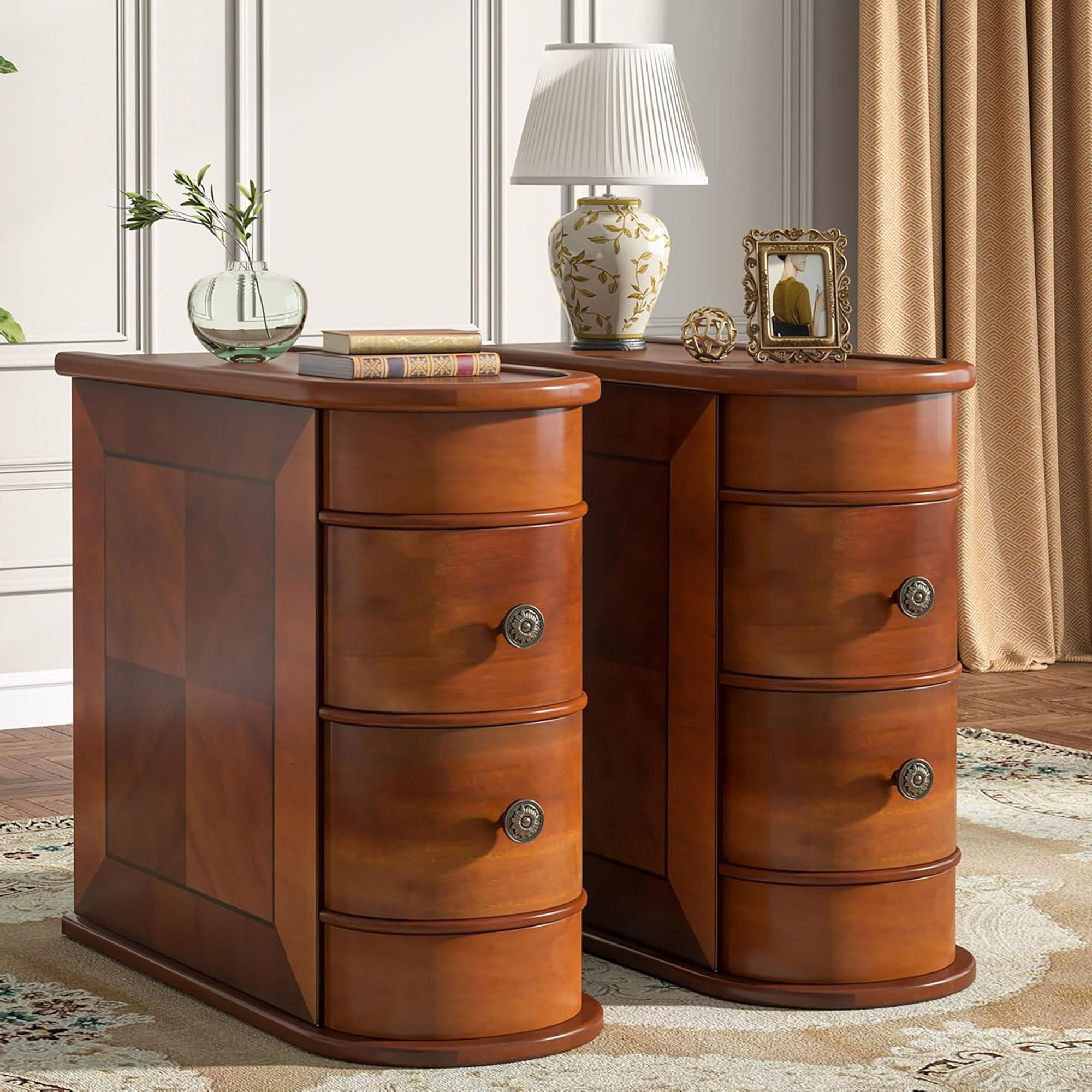 Defband Wood End Table Set Of 2, Narrow Solid Side Table 2-Drawer Slim ...