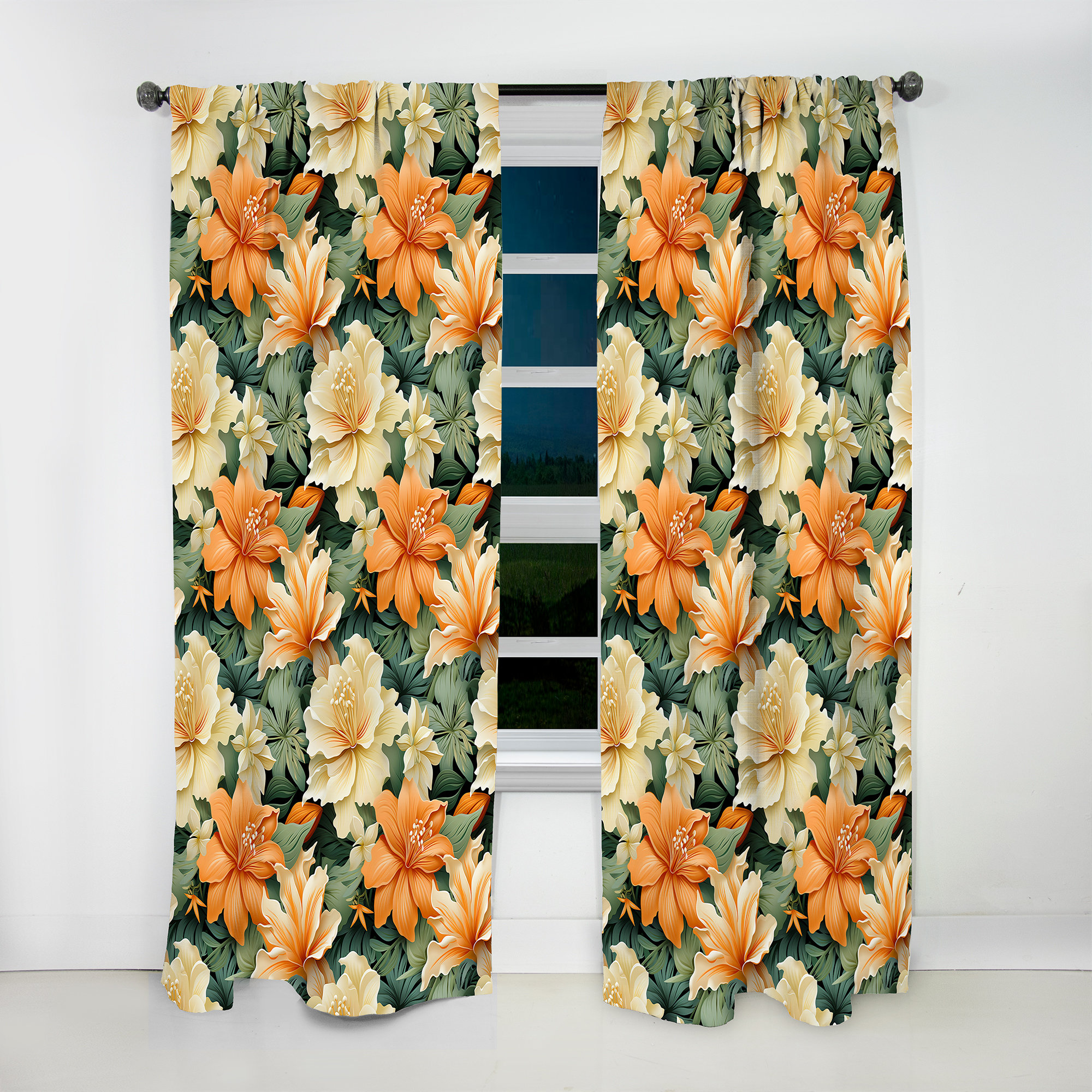 Design Art Mango Bloom Tropical Pattern I - Floral Curtain - Velvet ...
