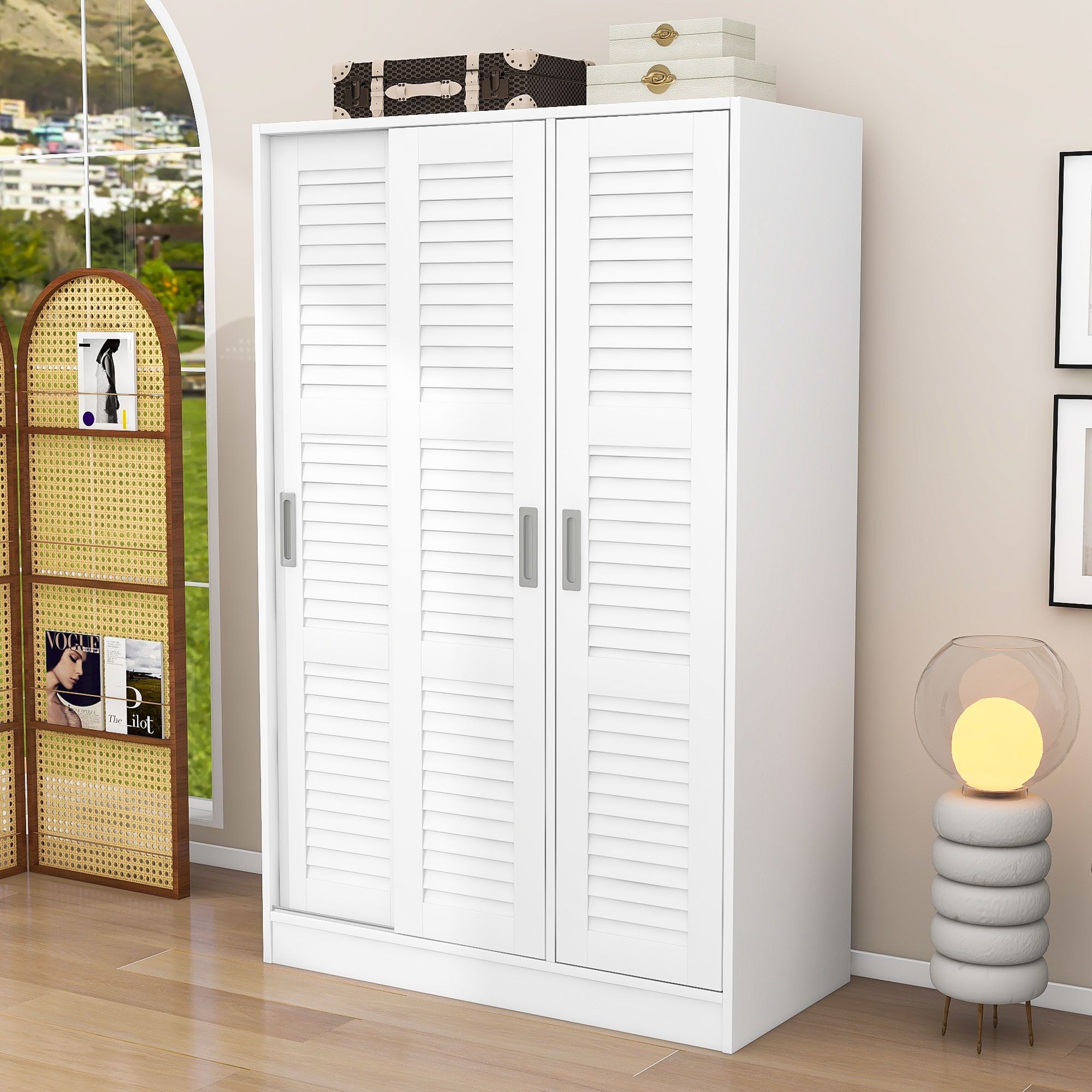 Red Barrel Studio Hartshorne Wooden 3-Door Shutter Armoire with Shelves ...