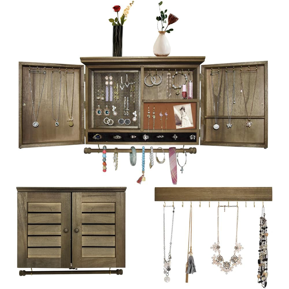 Rosalind Wheeler Rustic Wall Mounted Jewelry Organizer,Vintage Wooden ...