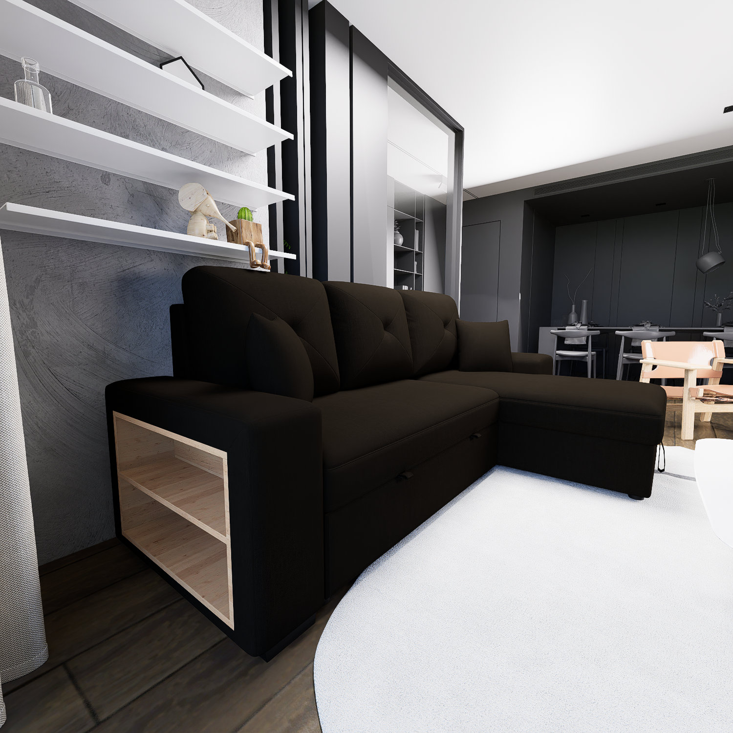 Ebern Designs Black Reversible Sofa Bed With Side Frame And 2 Stools ...