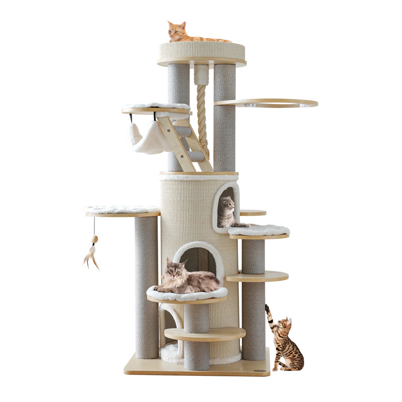 KZLAA 63'' H Large Solid Wood Cat Tree Multi-Level Tall Cat Tower Cat ...