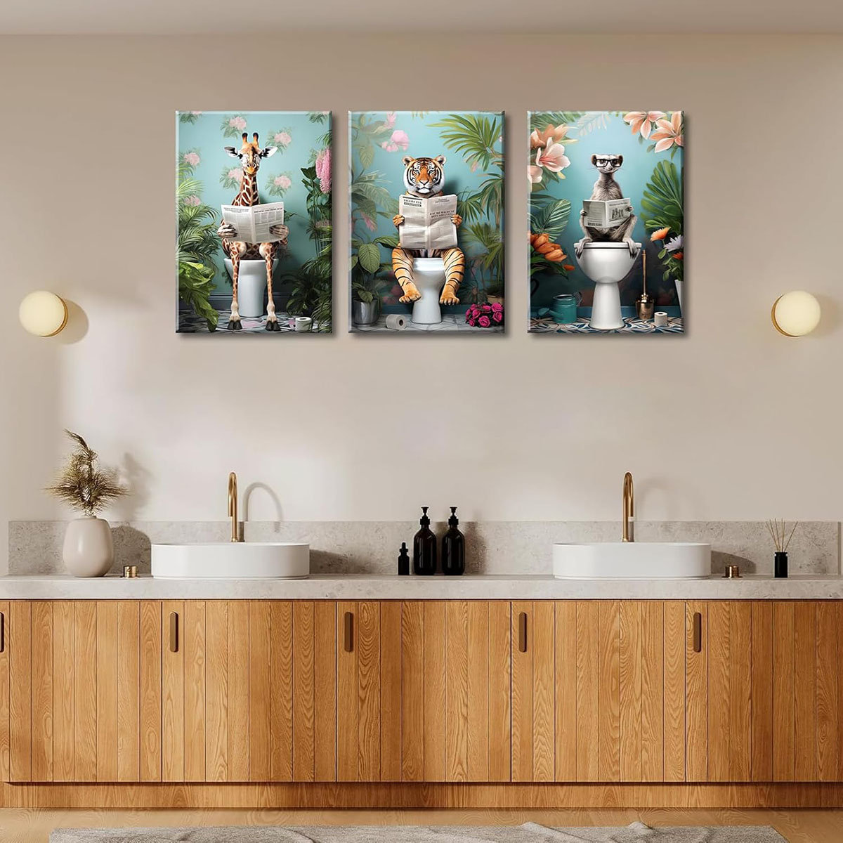 Trinx 3Pcs Funny Animal Bathroom Canvas Wall Art Cute Giraffe Meerkat ...