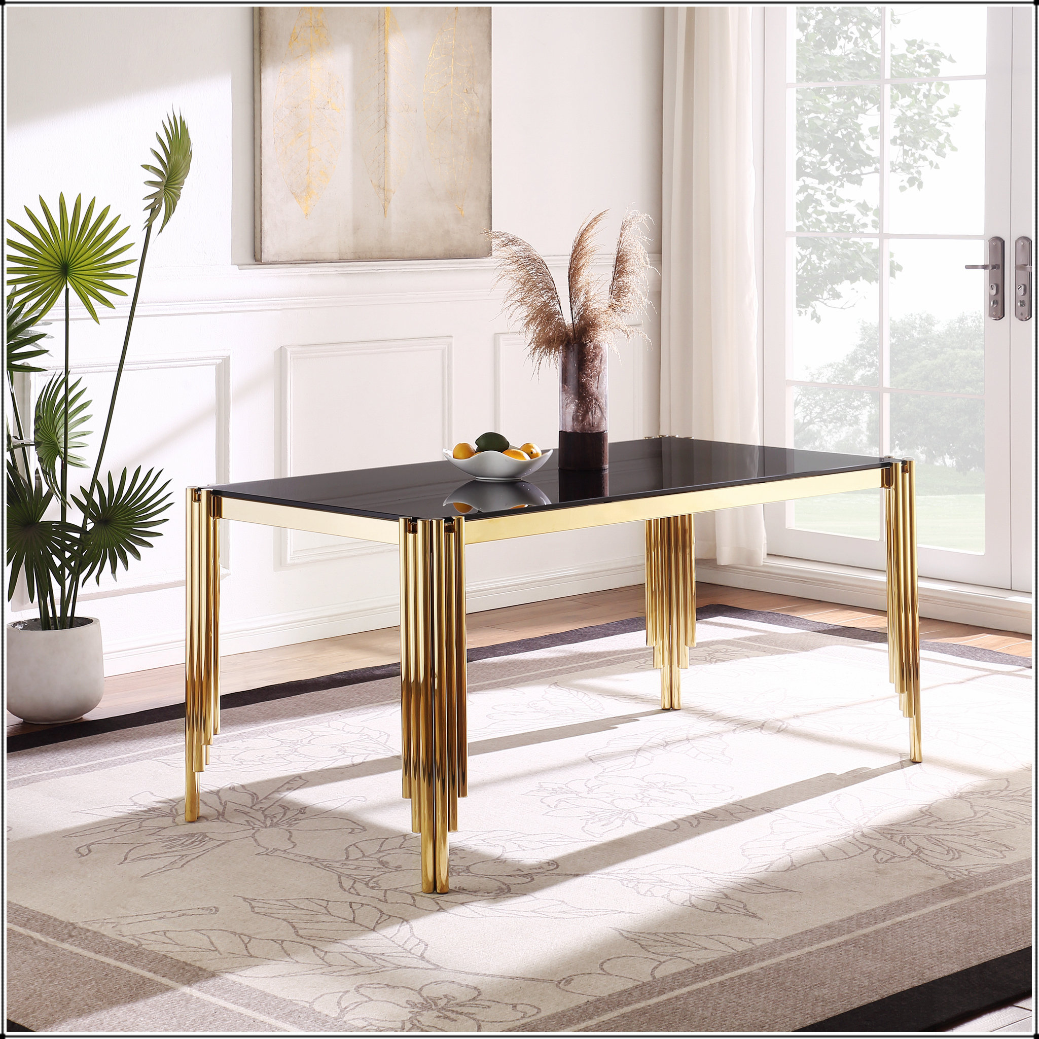 Mercer41 65" Rectangle Glass Dining Table, Tempered Glass Tabletop And ...