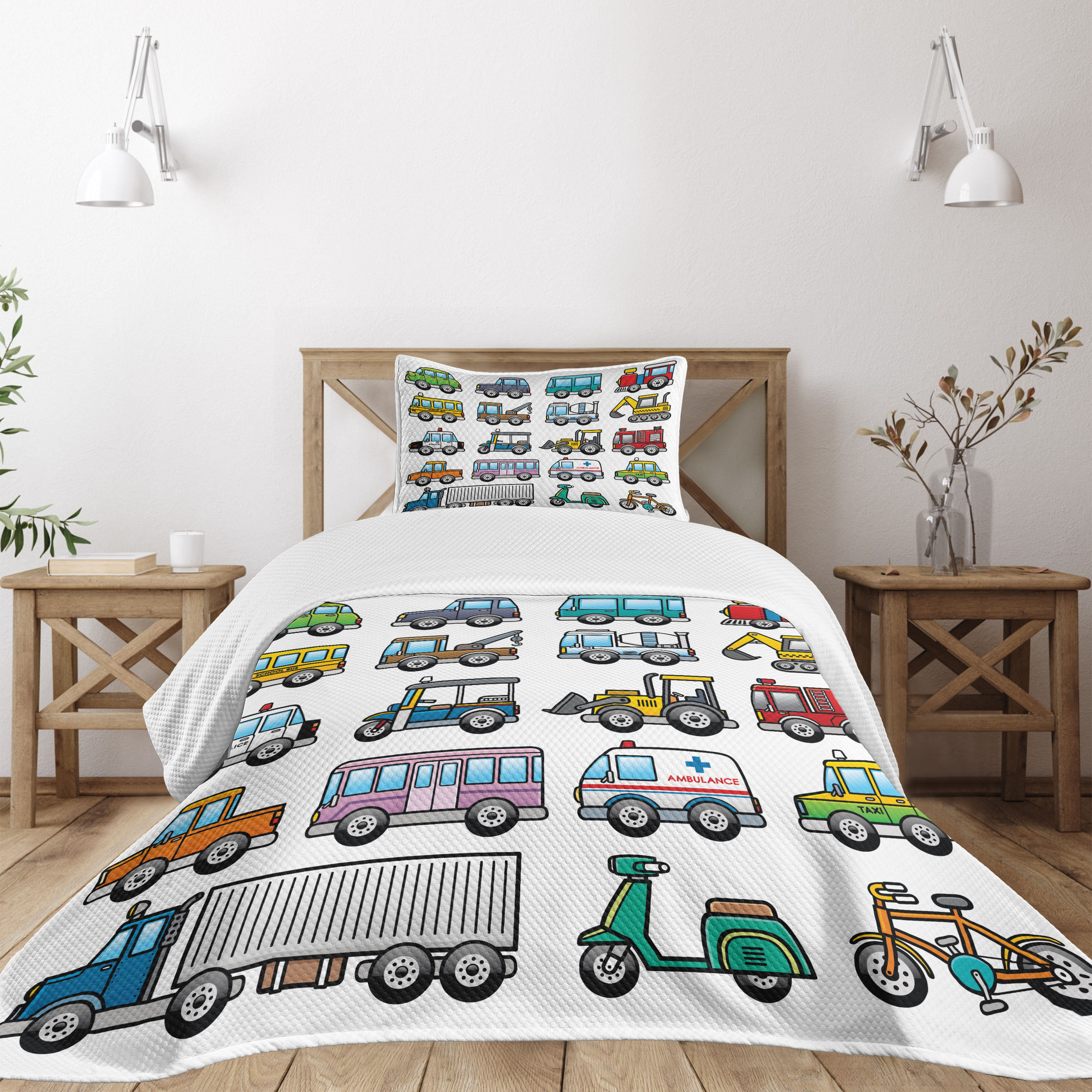 Ambesonne Cartoon Bedspread Set Land Transportation Theme Multicolor ...