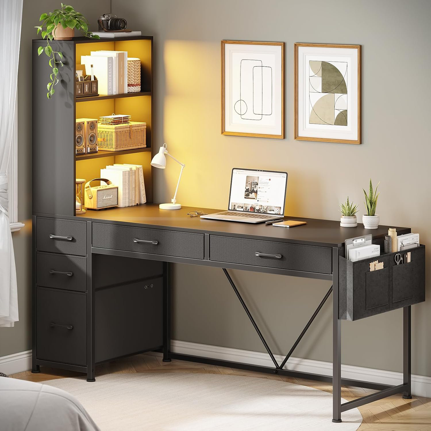 17 Stories Barbarino Computer Desk With 5 Drawers And Bookshelf Led ...