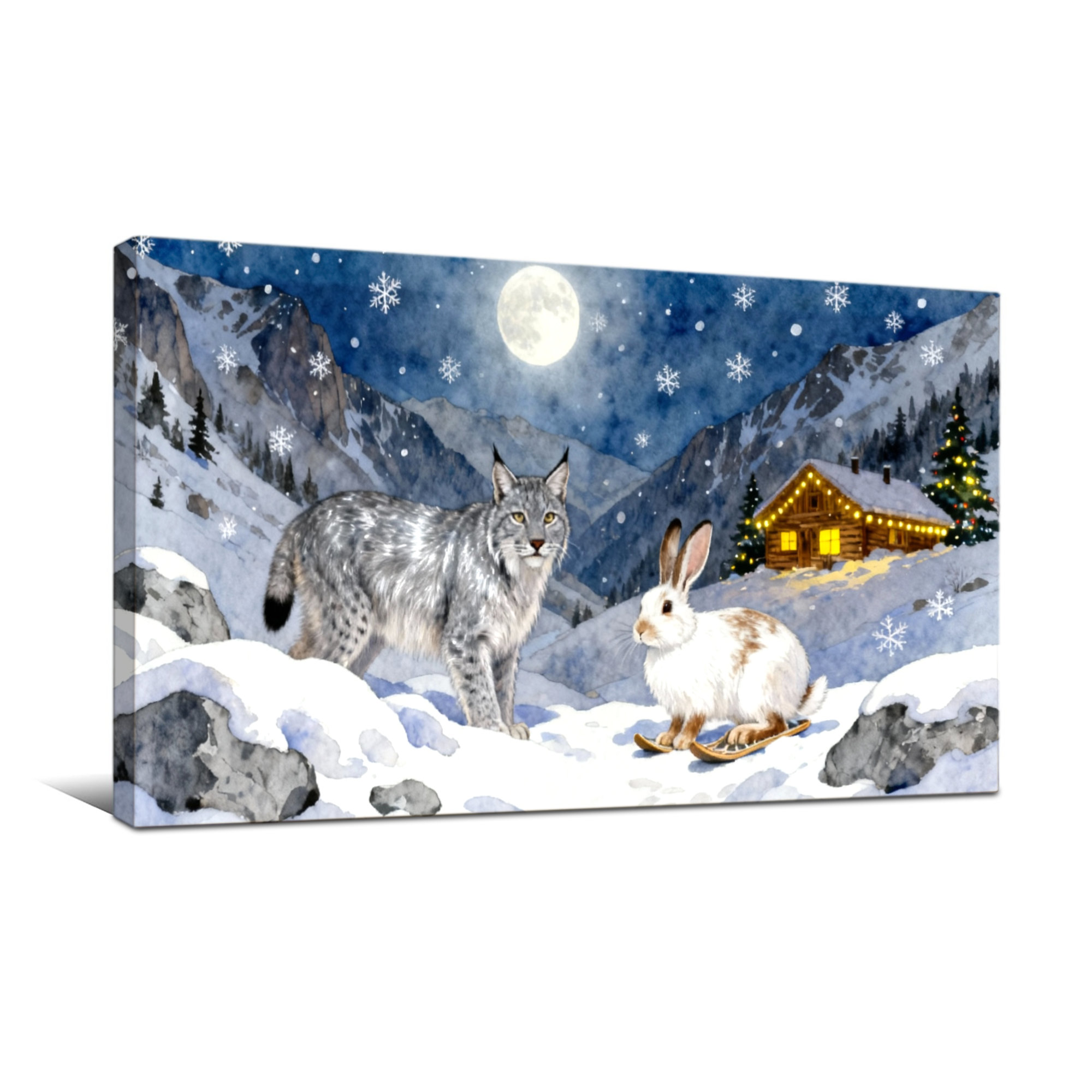 Canora Grey Christmas Snowy Mountain Night With Cat And Rabbit | Wayfair