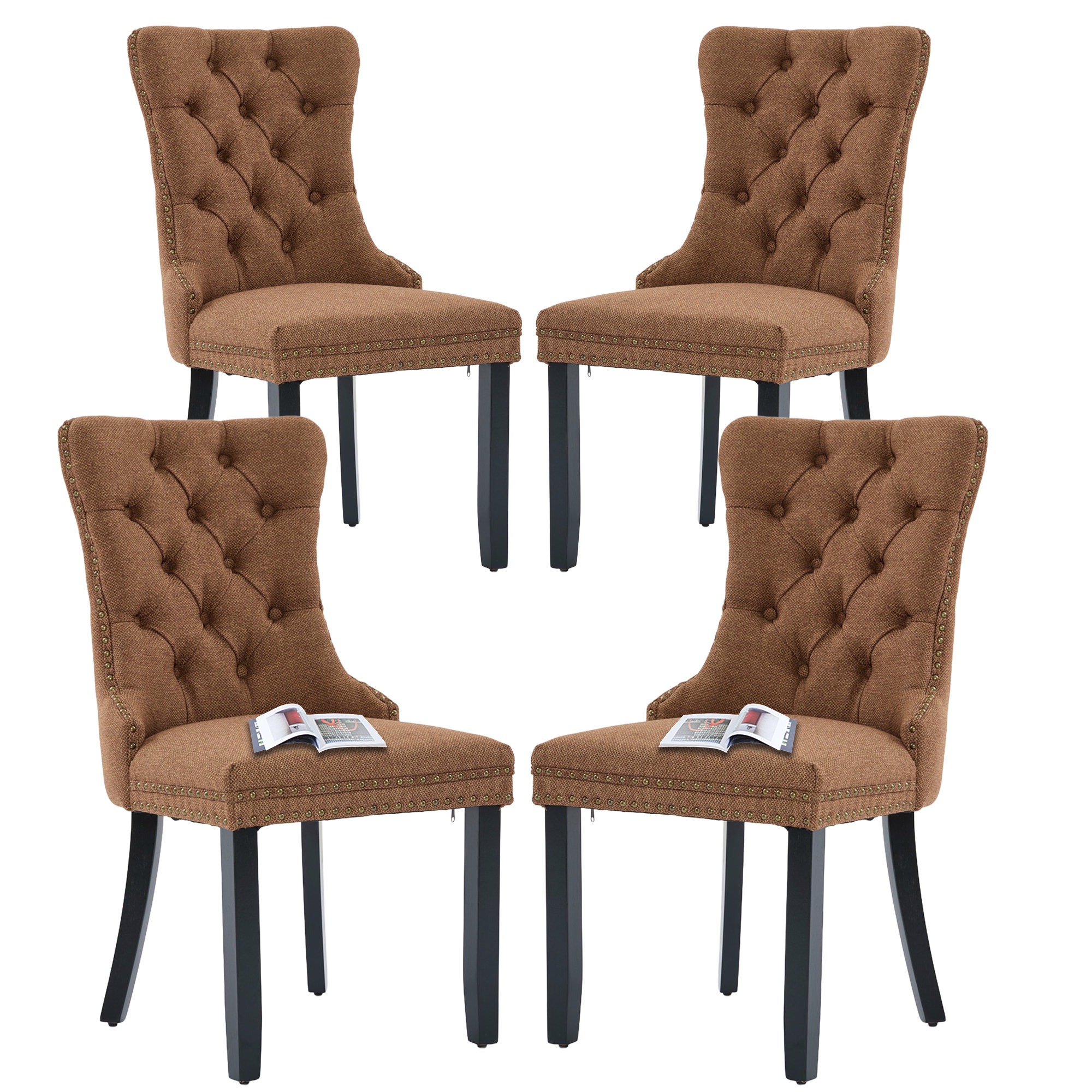 Rosdorf Park Linen Tufted Solid Wood Nailhead Dining Chairs (Set of 4 ...
