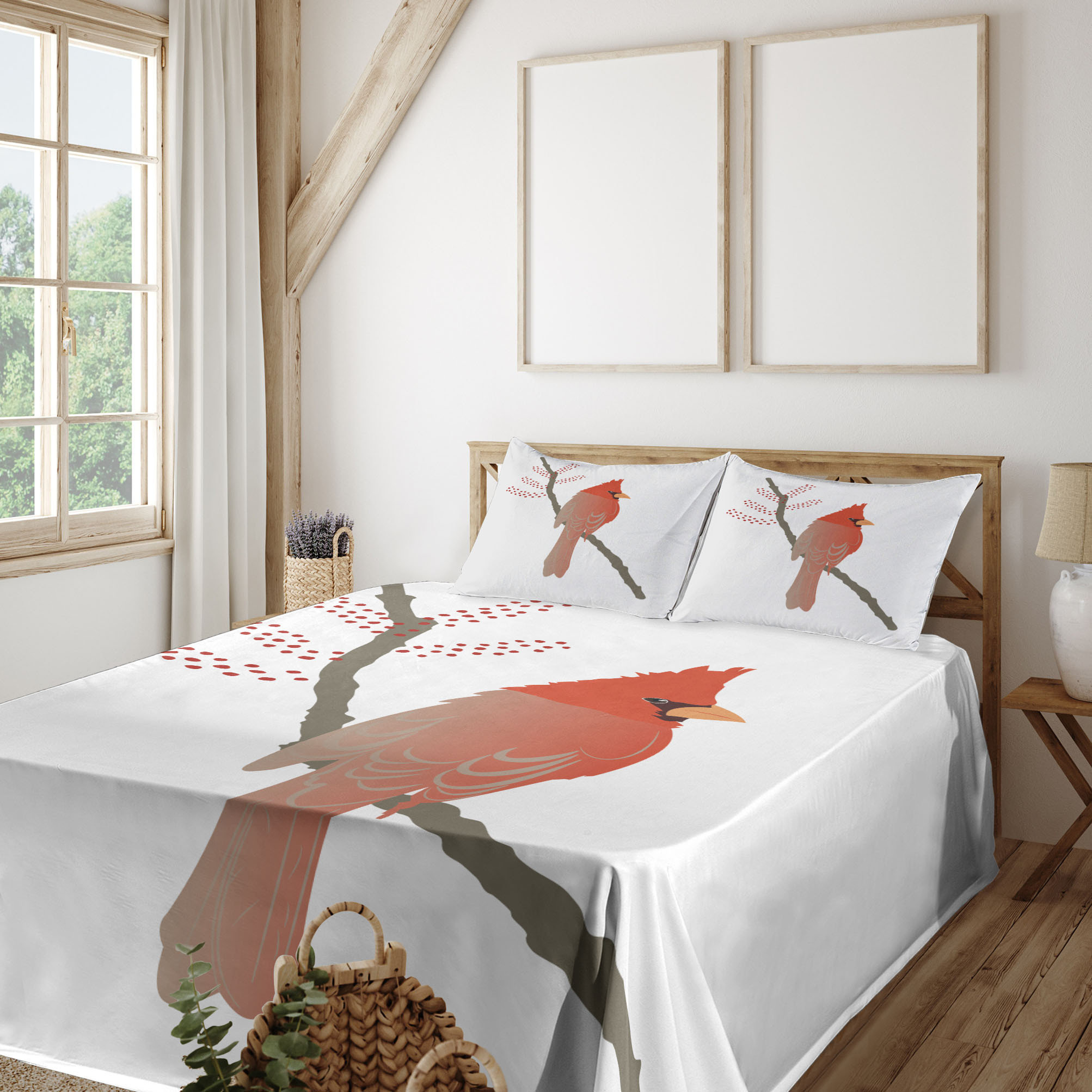 Ambesonne Cardinal Sheet Set Bird on Branch Plain Back Burnt Orange and ...