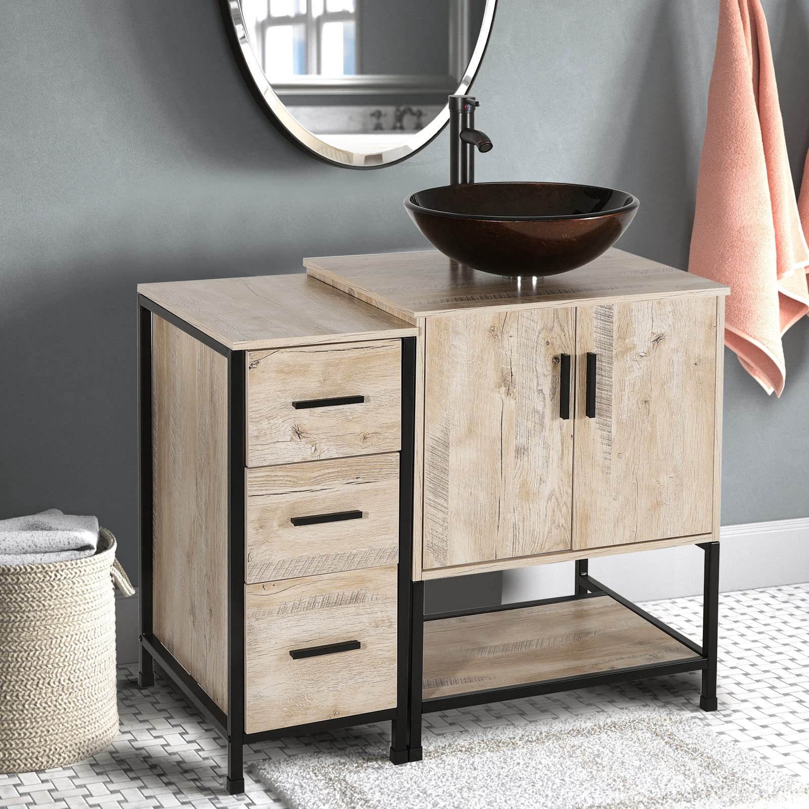 17 Stories Conrado 36" Rustic Bathroom Vanity Set with Wood Top, Glass ...