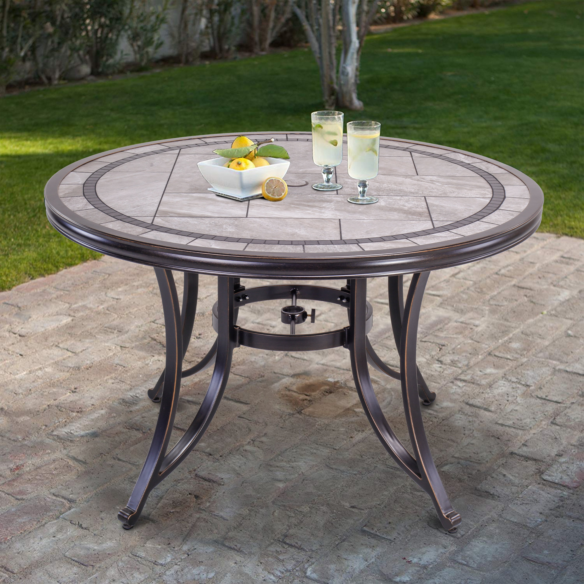 Fleur De Lis Living 46" Round Patio Table With Handmade Porcelain Top ...
