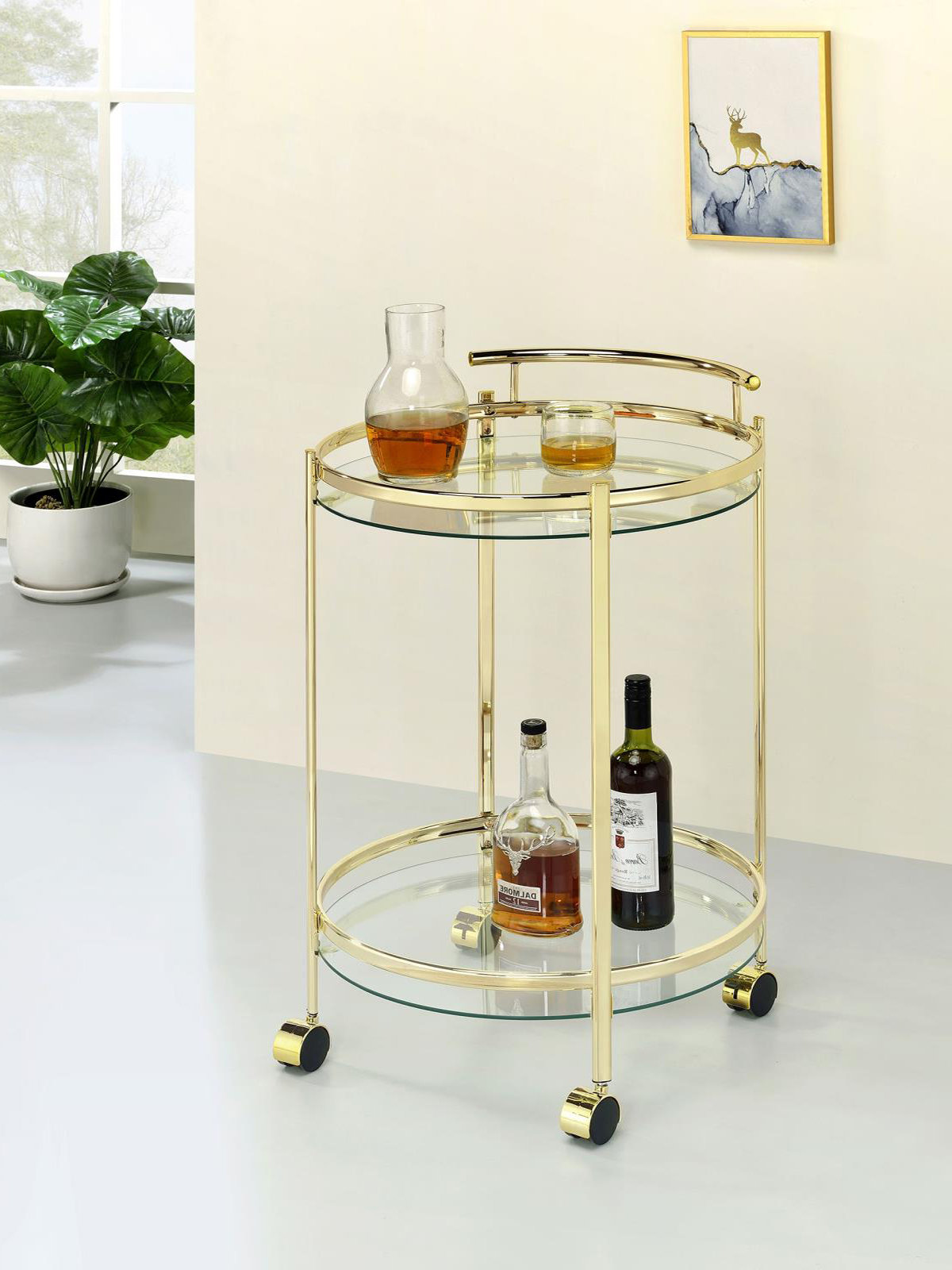 Mercer41 Korynne Metal Bar Cart with Glass Shelf in Brass and Clear ...