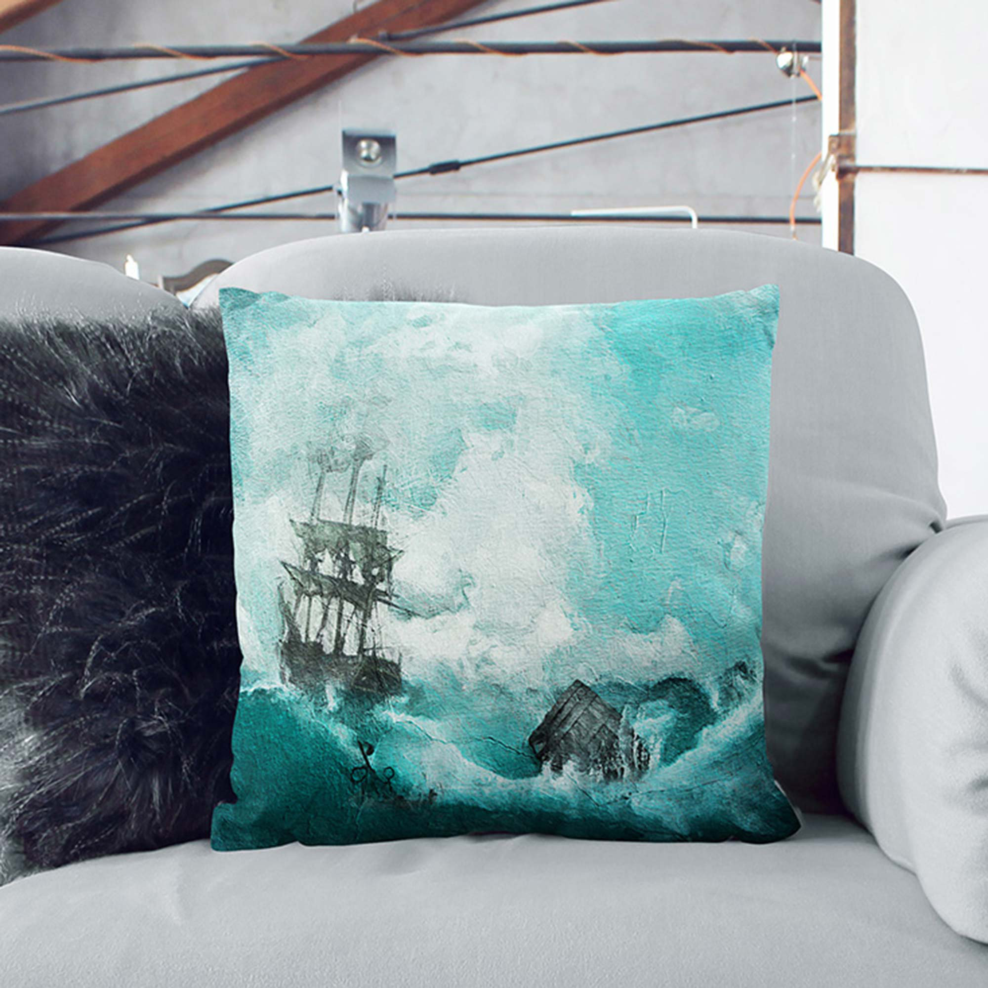 East Urban Home Pirate Ship Sailing upon a Stormy Sea Cushion with ...