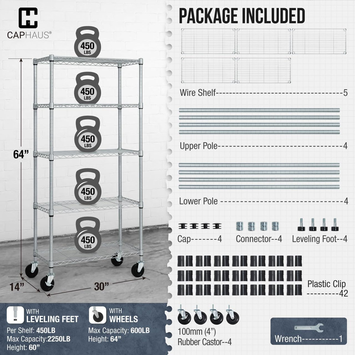 CAPHAUS NSF Commercial Heavy Duty 5-Tier Adjustable Wire Shelving w ...