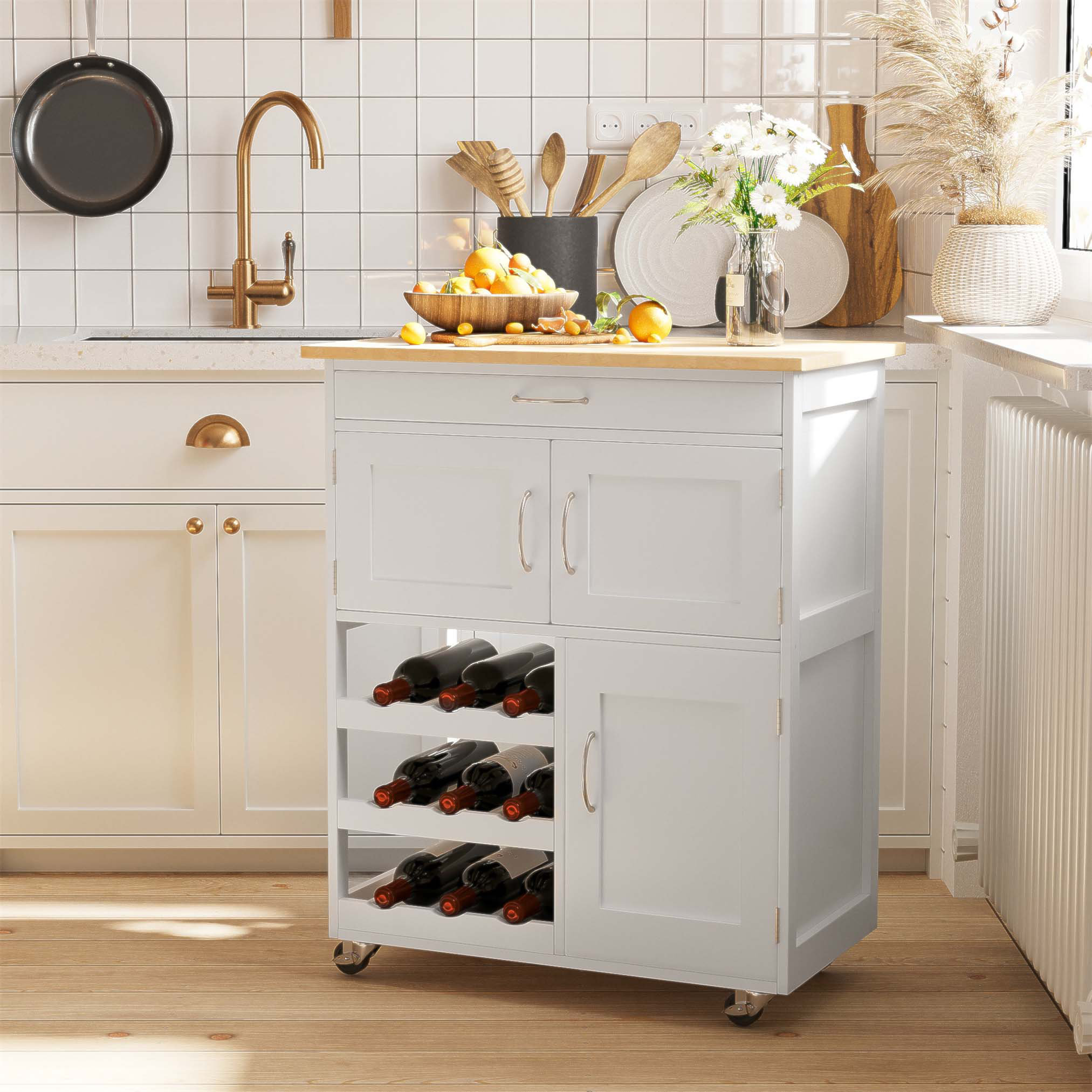 Ebern Designs Îlot de cuisine roulant avec support à vin et bloc de ...