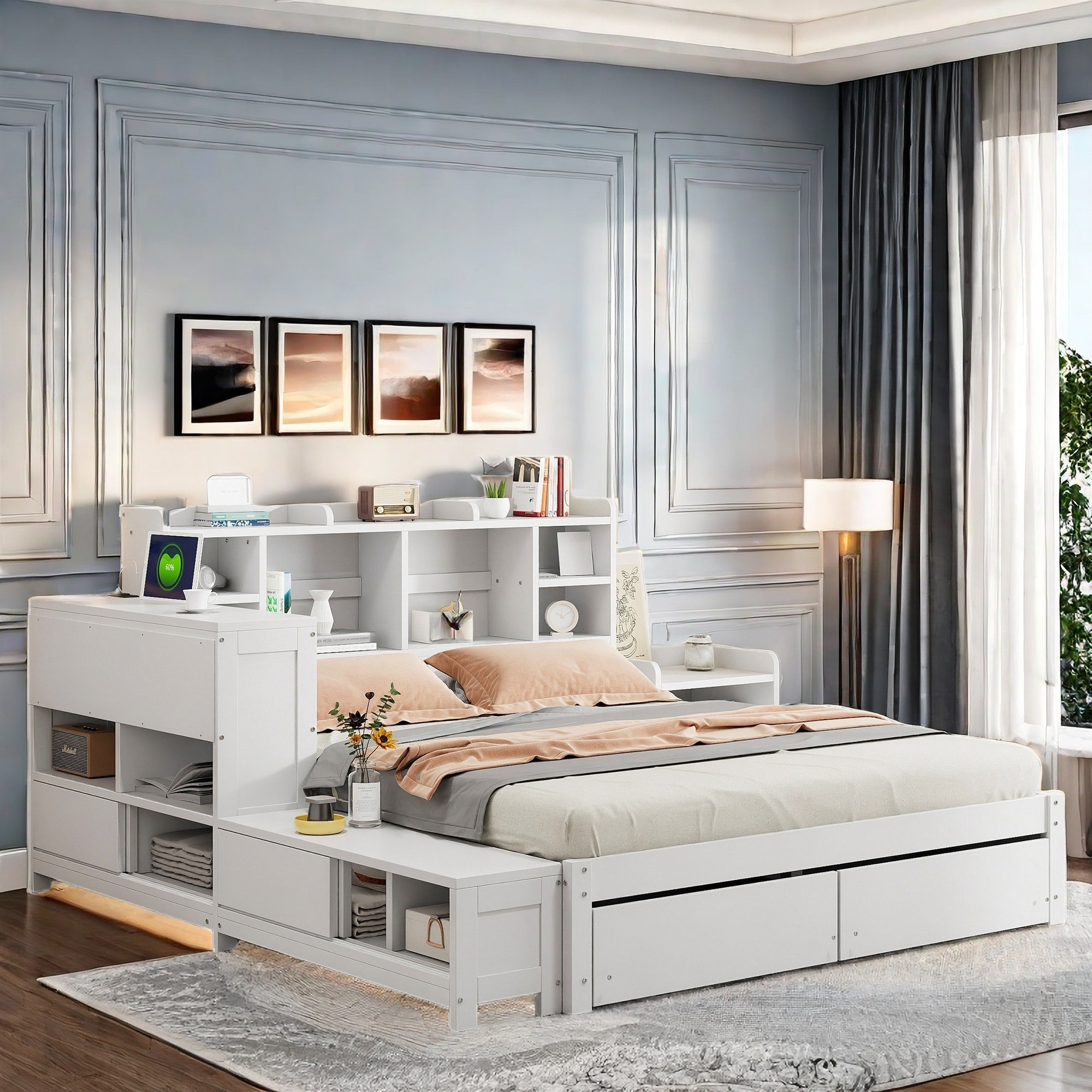 Urbanuniteusa Wooden Platform Bed With Storage Headboard, 1 Nightstand ...