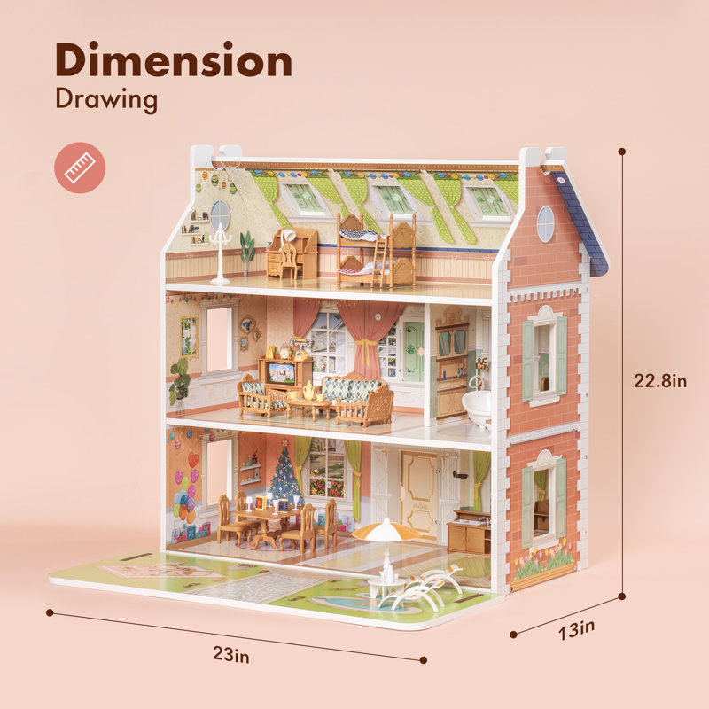 ROFITALL Large Vintage Wooden Dollhouse For Kids With Furniture ...