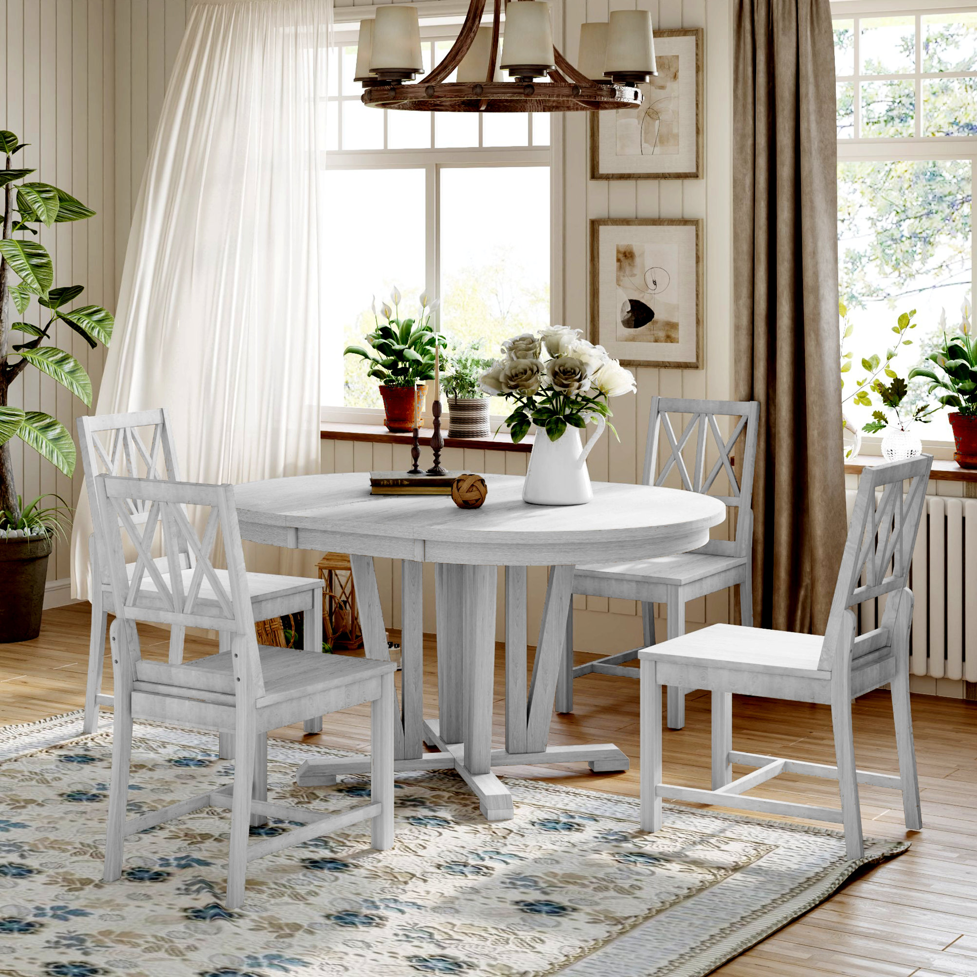 Ophelia & Co. 5-Piece Extendable Dining Table Set Round Trestle Table ...