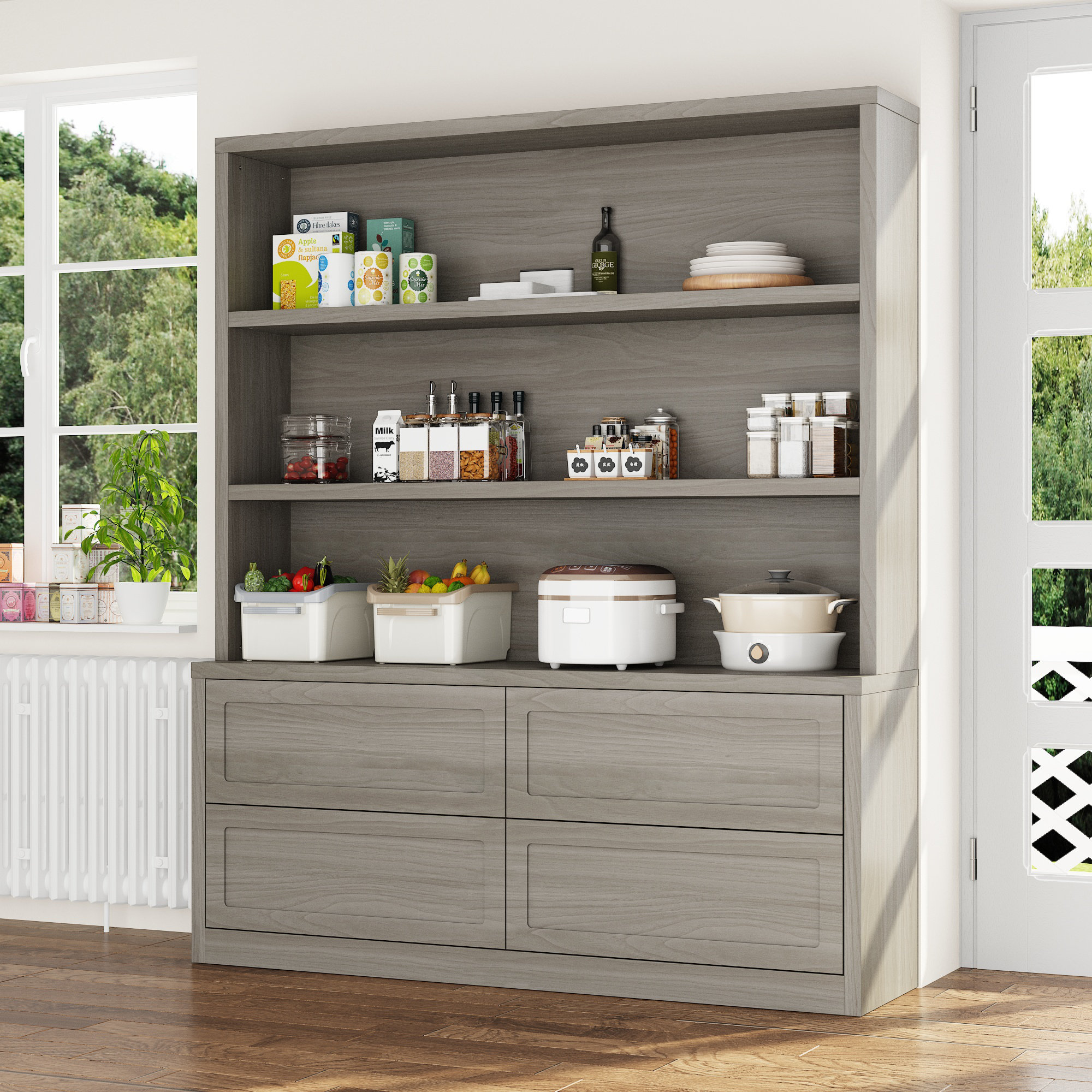 Gracie Oaks Modern Grey Wood-Tone Kitchen Utility Cabinet With 3 Open ...