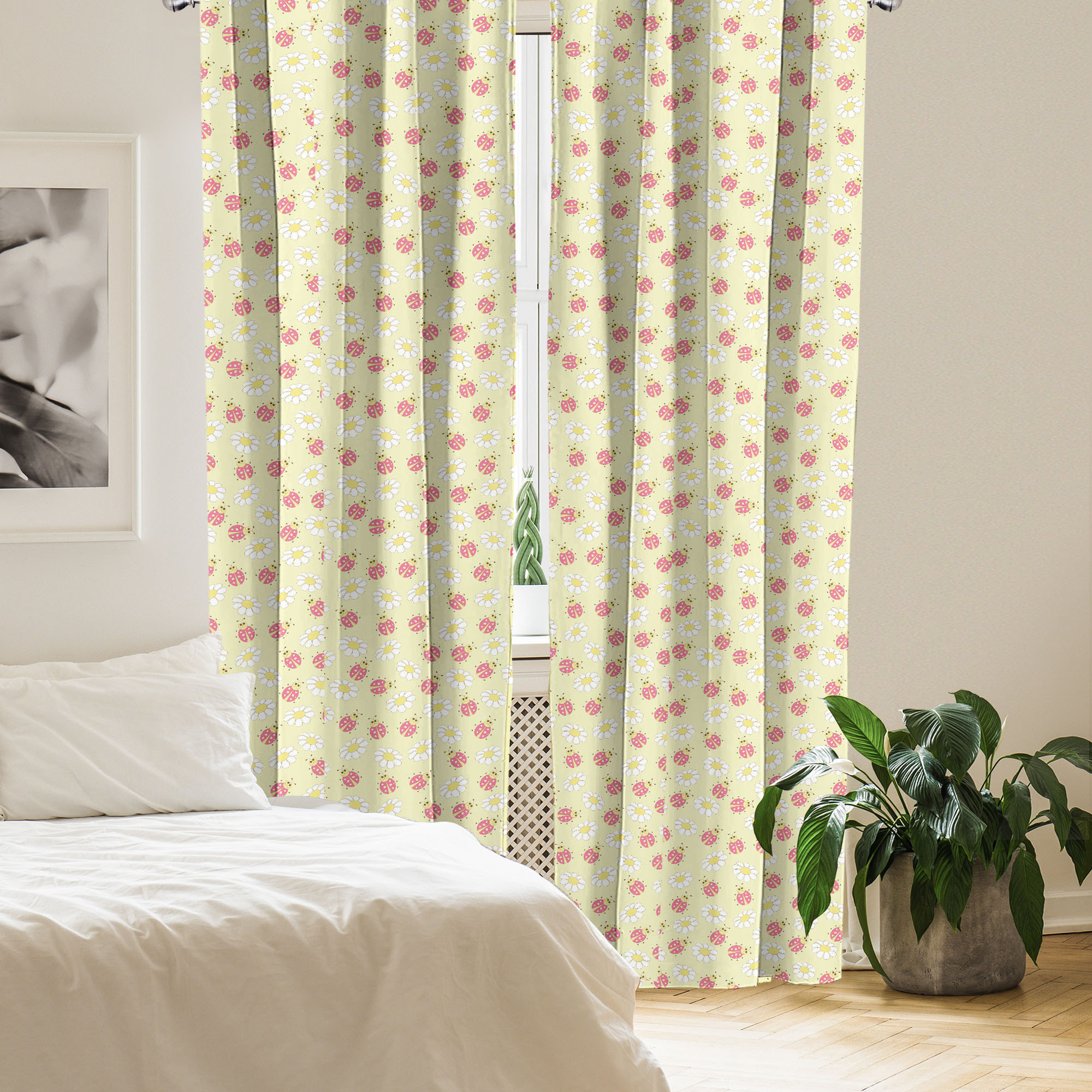East Urban Home Ladybug 4-Panel Curtains, Daisy and Bugs Pattern Pale ...