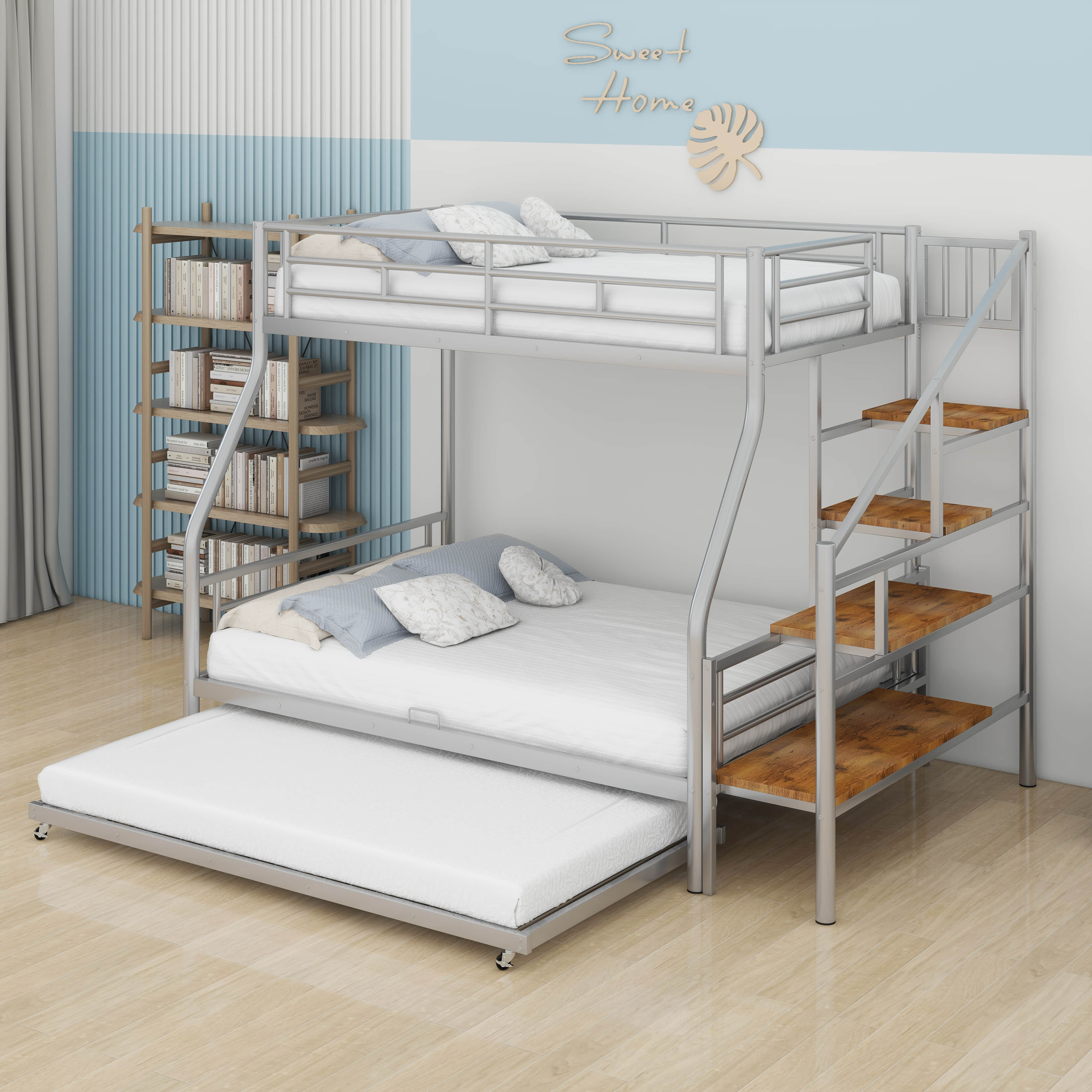 Latitude Run® Twin Over Full Metal Bunk Beds With Trundle,Heavy-Duty ...