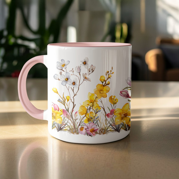 East Urban Home Set of 3 Watercolour Floral 11oz Accent Mugs, White ...