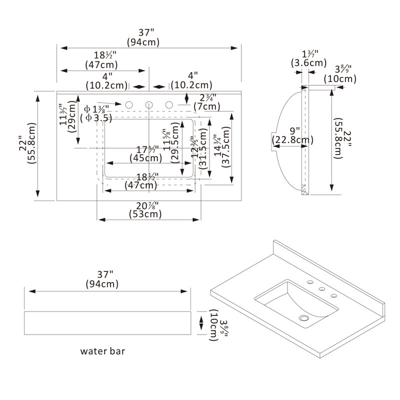 Vinnova Jaen 37'' Stone Single Vanity Top with Sink and 3 Faucet Holes ...