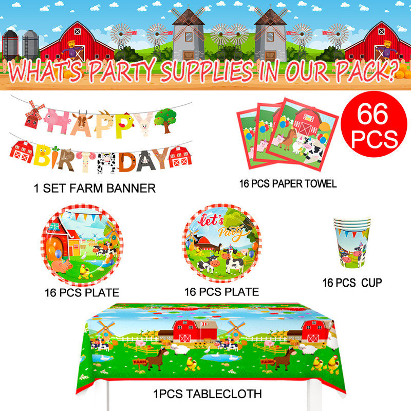 The Party Aisle Farm Party Supplies,66pcs Farm Animals Party Tableware ...