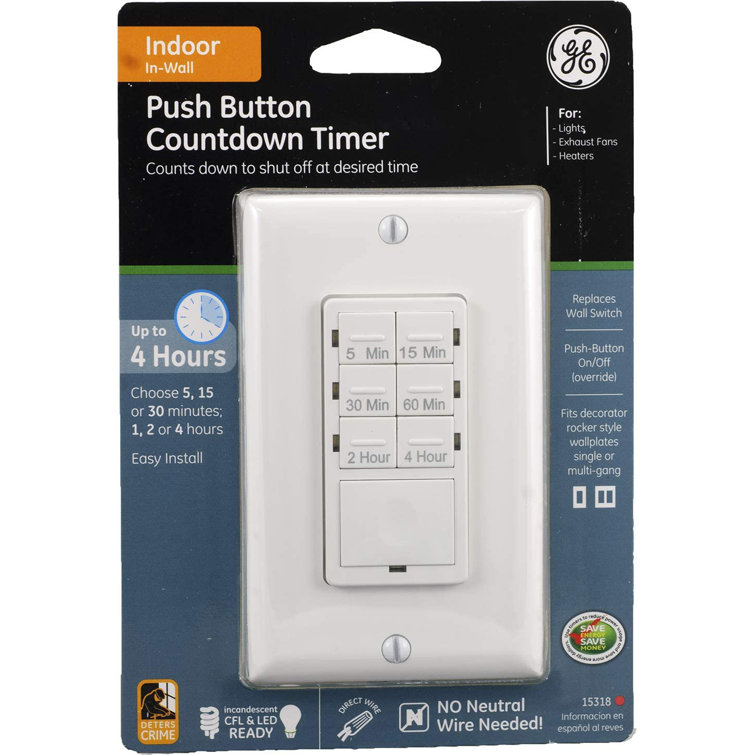 GE Push-Button Countdown Timer Switch, 5-15-30 Minute/1-2-4 Hour, ON ...