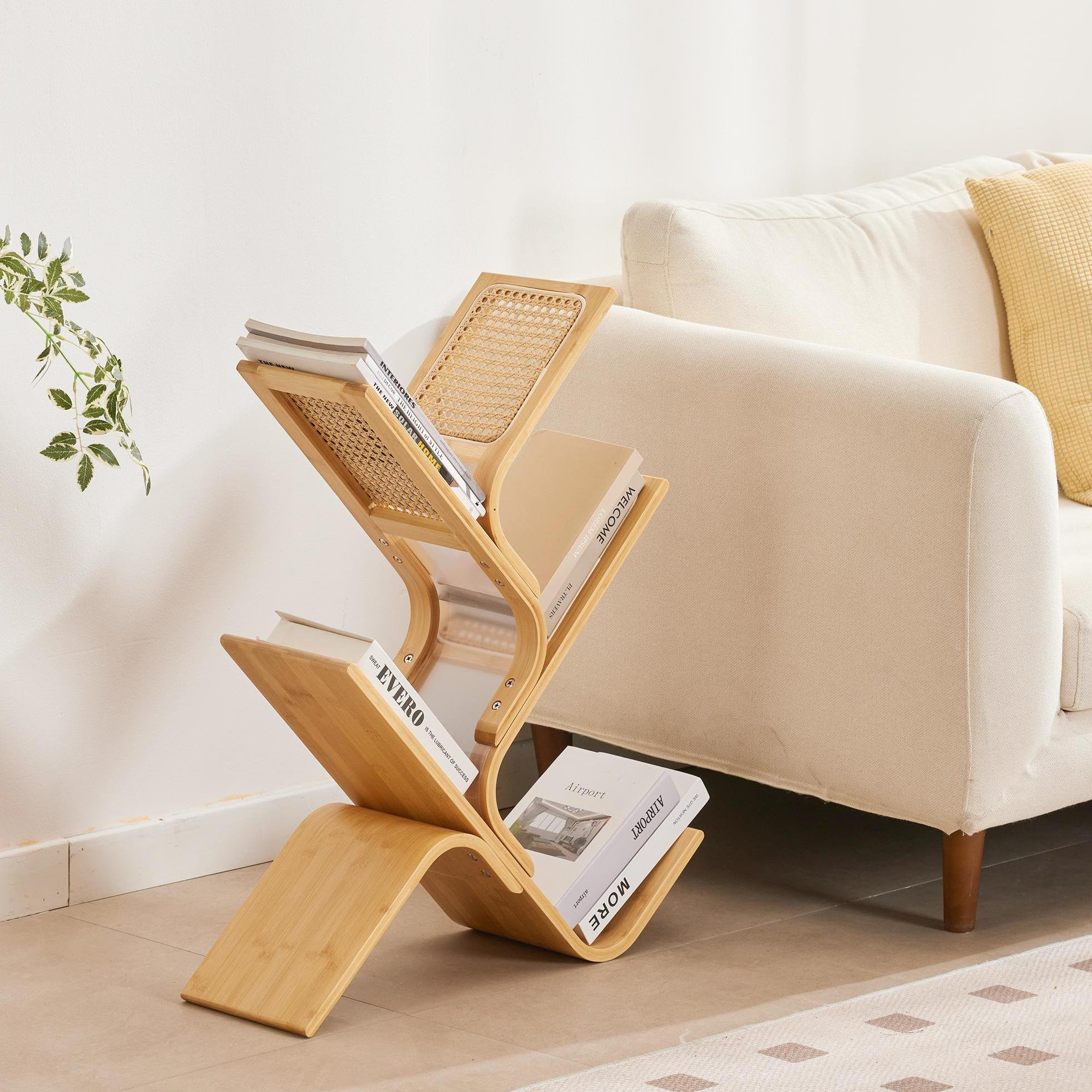 Dakota Fields Bookcase Bamboo Bookshelf Rattan Curved Standing Tree ...