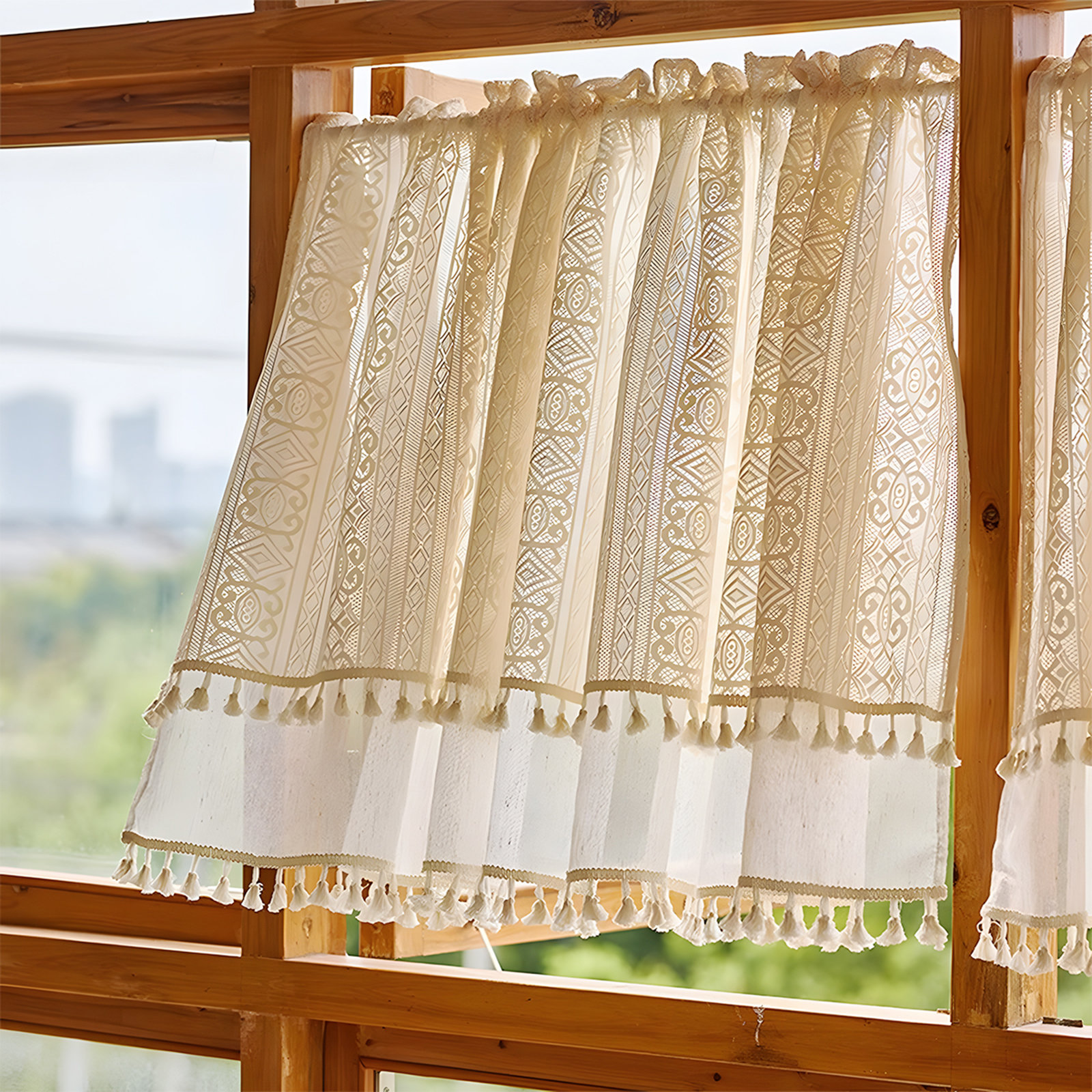 Dakota Fields Boho Tassels Sheer Short Curtain 2 Layer Gauze Drape ...
