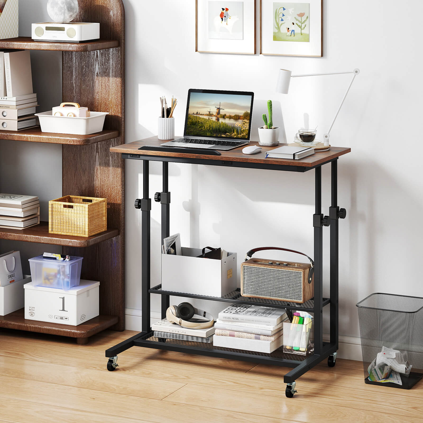 17 Stories Mobile Stand Up Desk With Tilting Tabletop Storage Shelves ...