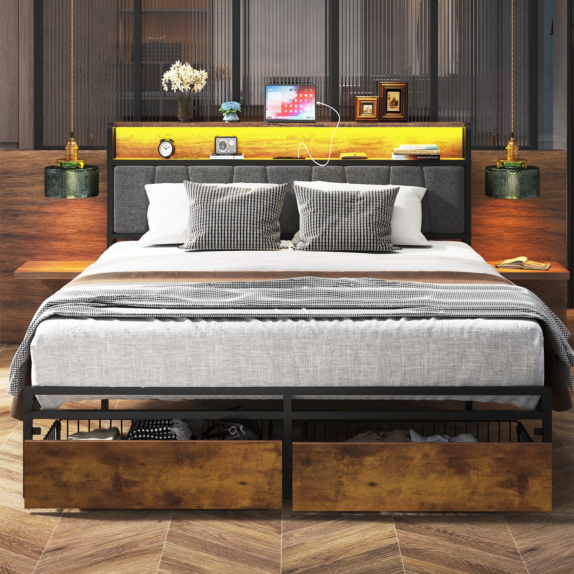 Wrought Studio Metal Bed Frame with Headboard and Charging Station ...