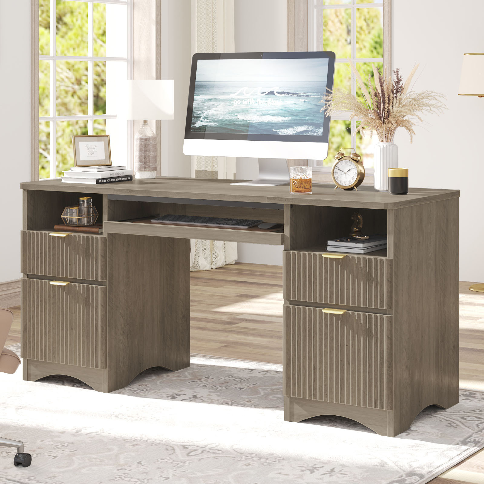 Ebern Designs Luing 59''Fluted Executive Desks with File and Storage ...