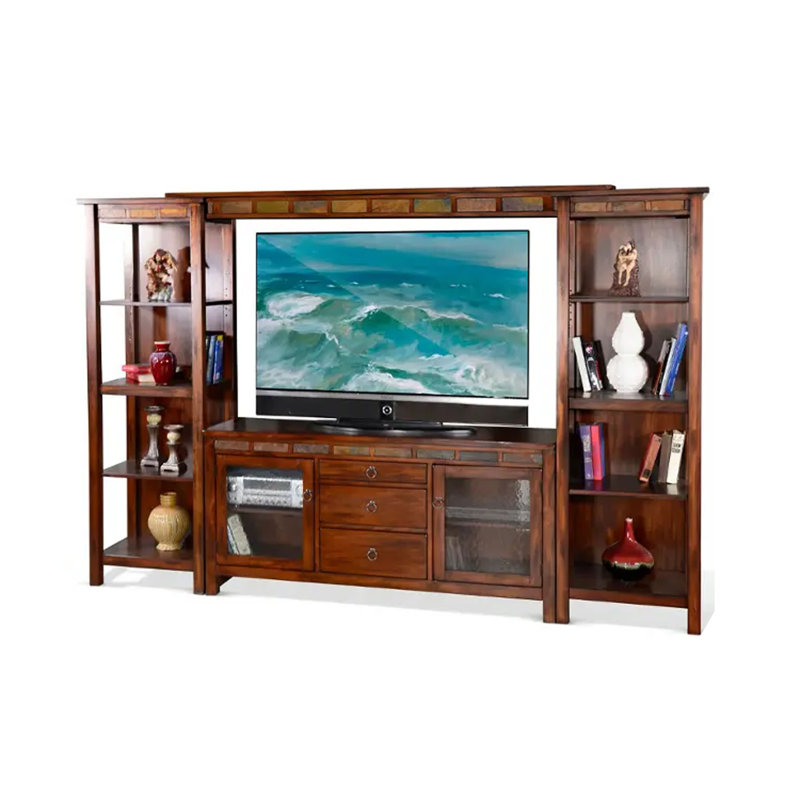 Benjara Odel TV Stand Media Cabinet, Natural Slate Inlay, Dark Brown 60 ...