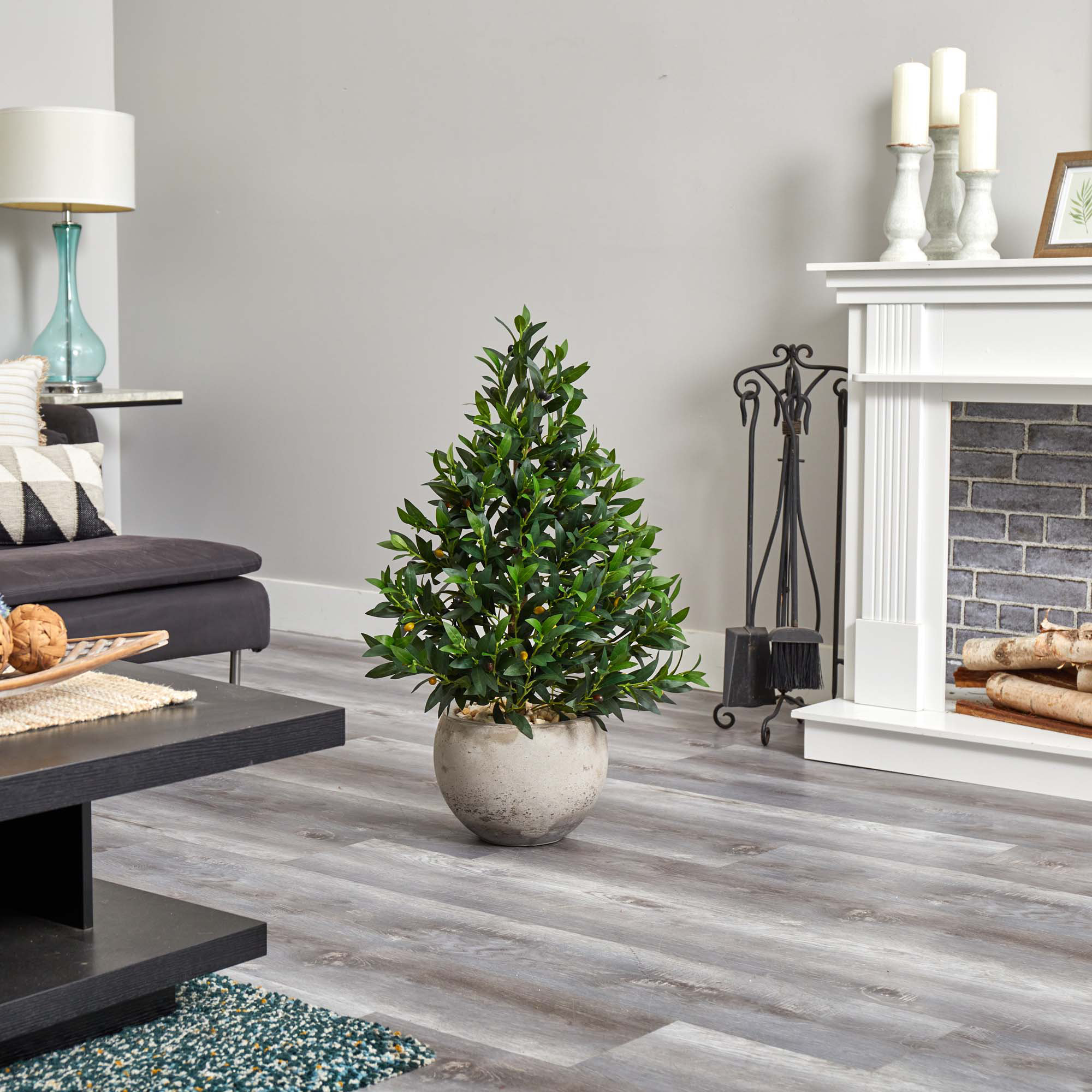 Fleur De Lis Living 3ft. Olive Cone Topiary Artificial Tree in Sand Stone Planter UV Resistant ...