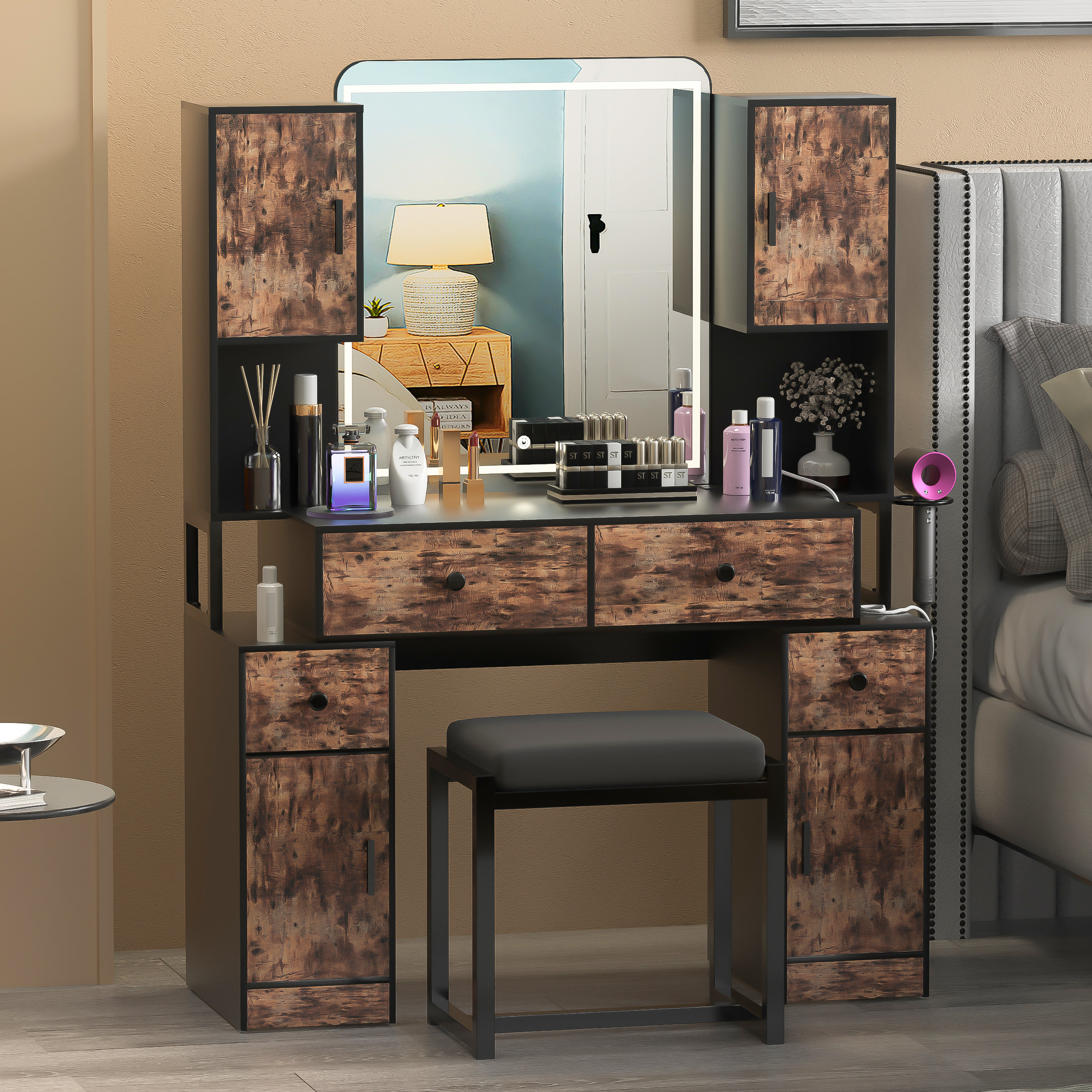 Ivy Bronx Jaquanna Large Vanity Set with LED Lights and Charging ...
