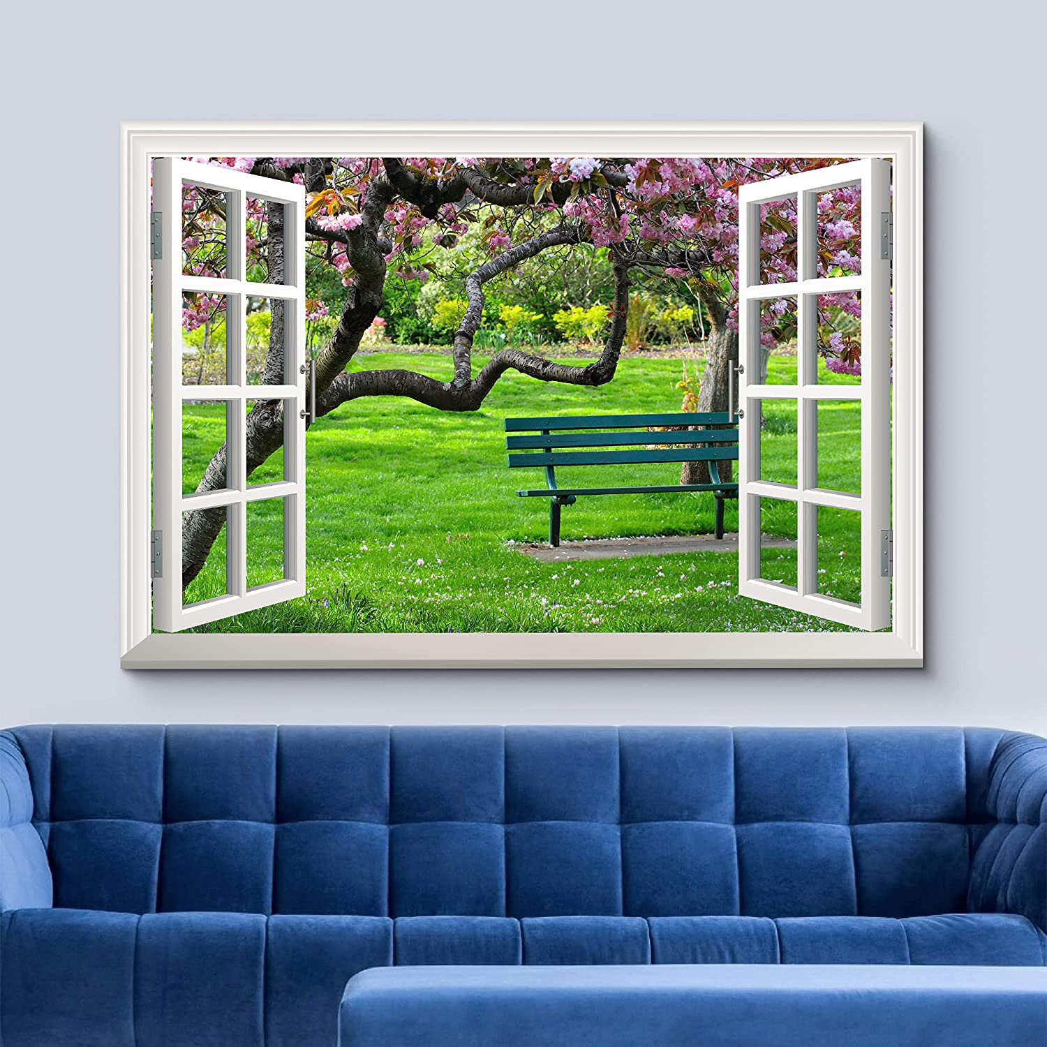 IDEA4WALL Window Scenery Cherry Blossom and Green Meadow in Spring Park ...