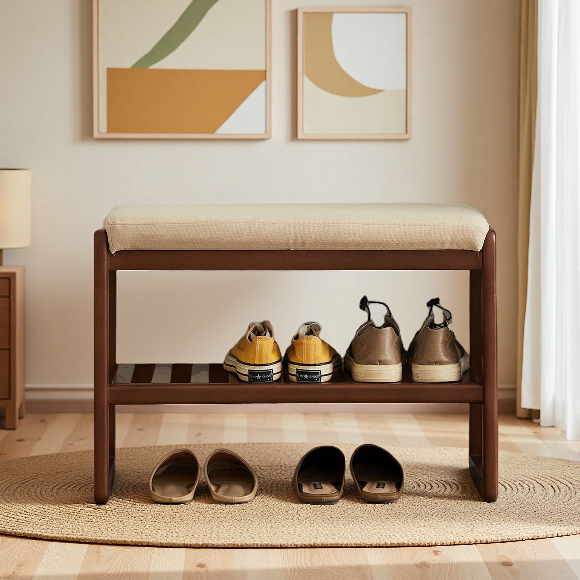 Rebrilliant Solid Wood Shoe Bench, Beech Wood Storage Rack Organizer ...