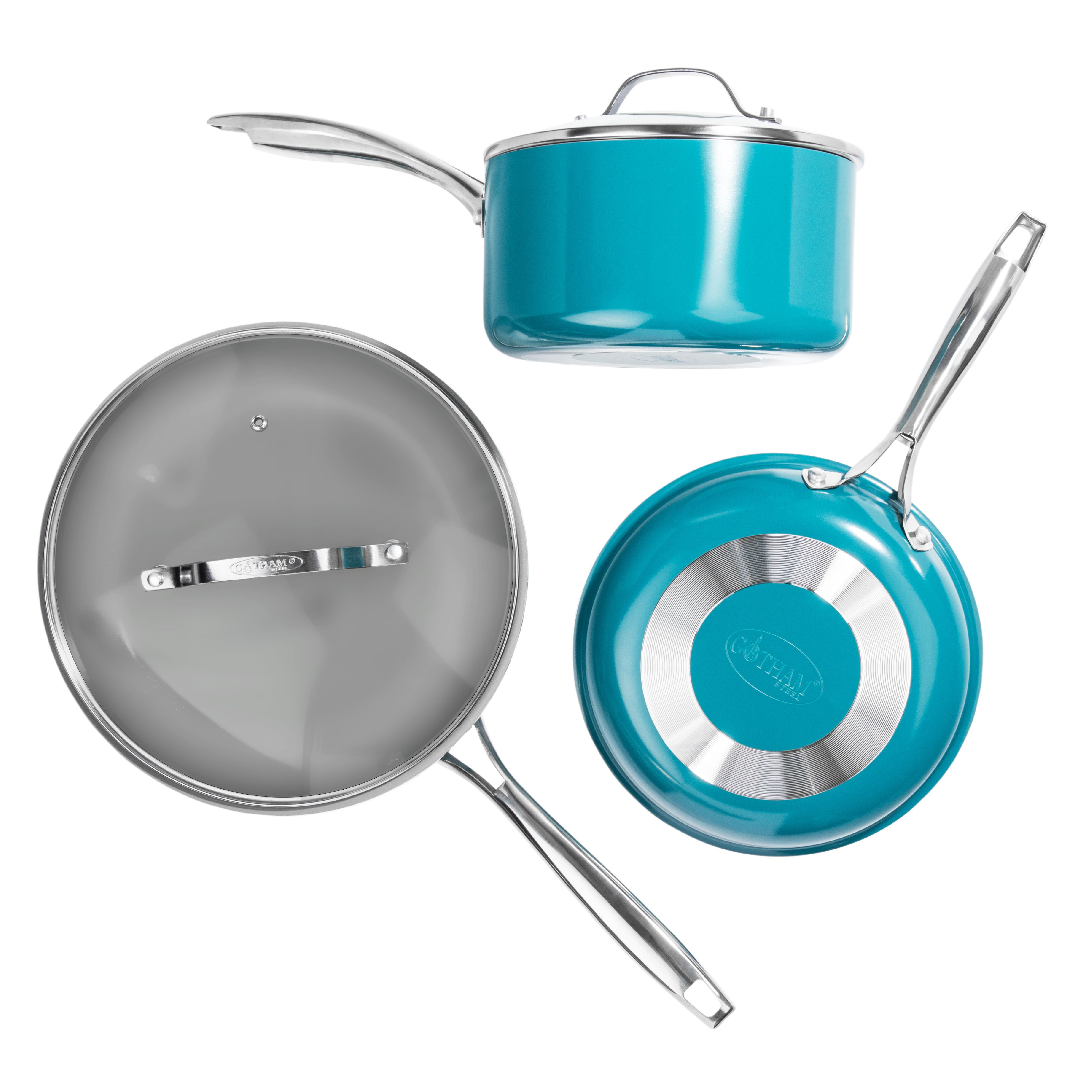 Gotham Steel Aqua Blue 5 Piece Nonstick Cookware set, Stay Cool Handles ...