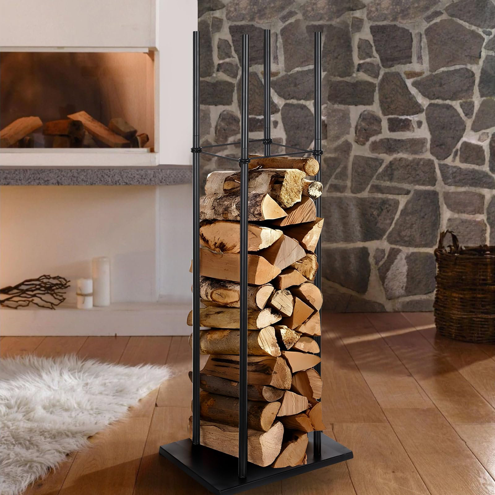Hokku Designs 47-Inch Black Firewood Rack, Dust-Resistant Steel Log ...