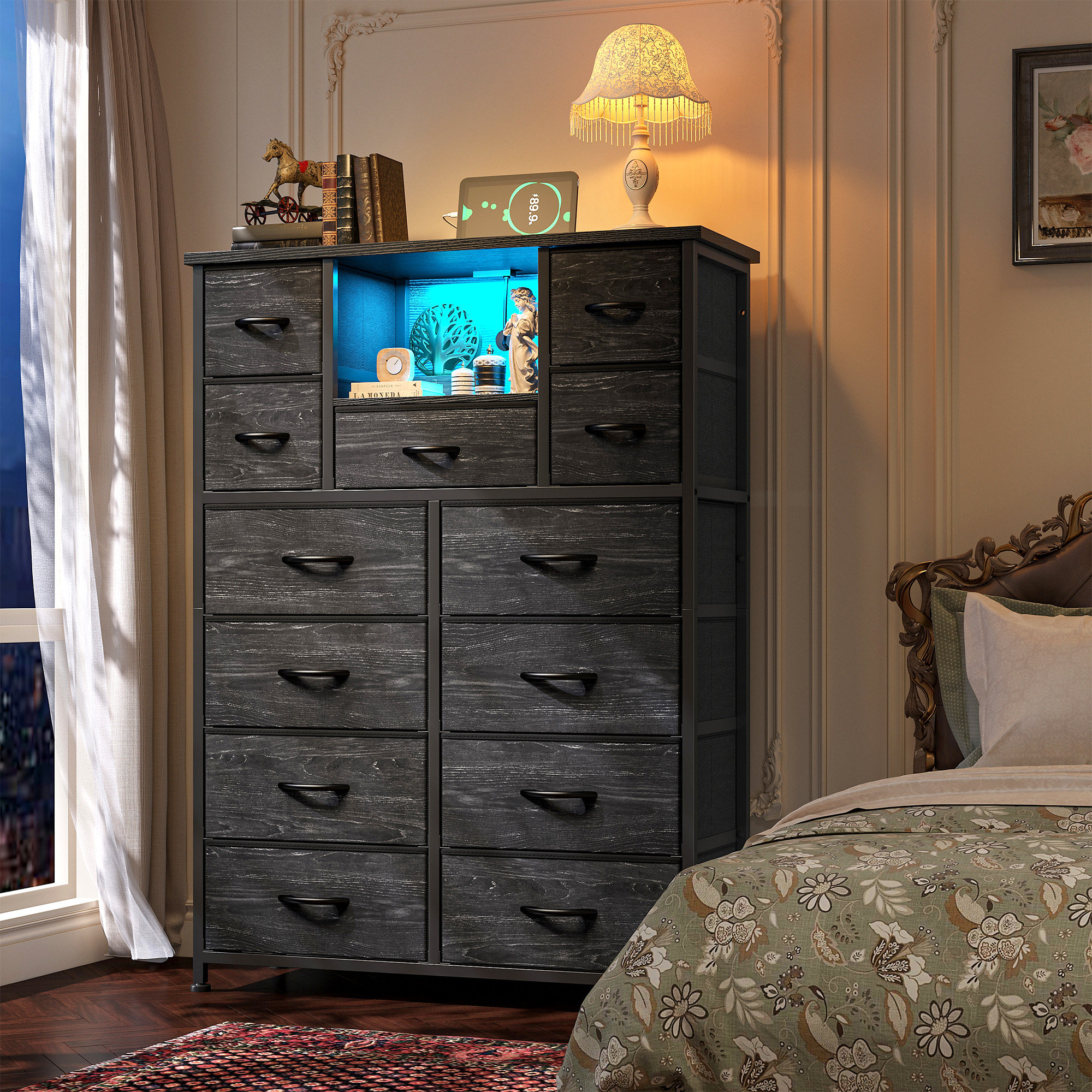 Wrought Studio™ 13 Drawer Tall Dresser For Bedroom With Open Shelves ...